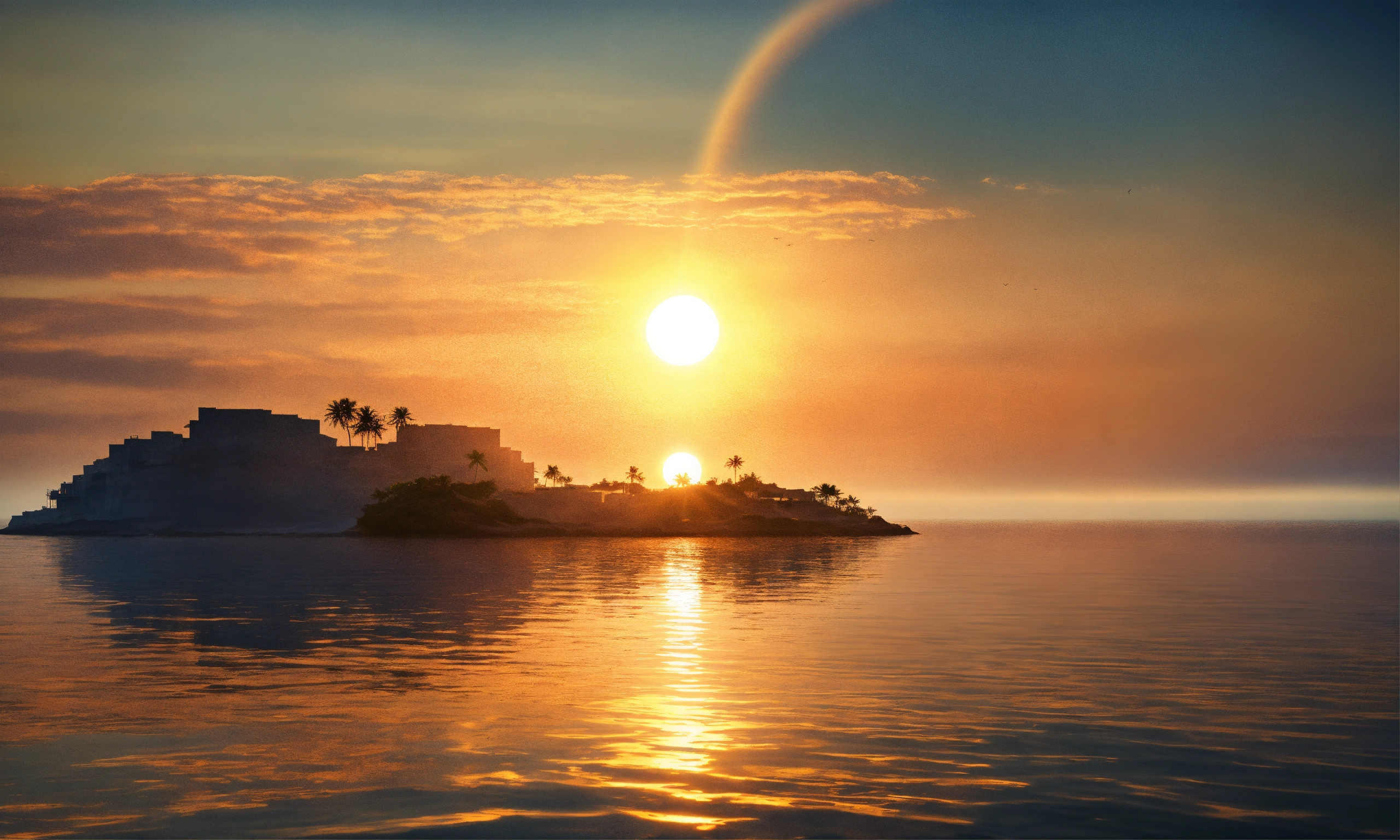 Lexica - Realistic image of sun on horizon and civilization on coast ...