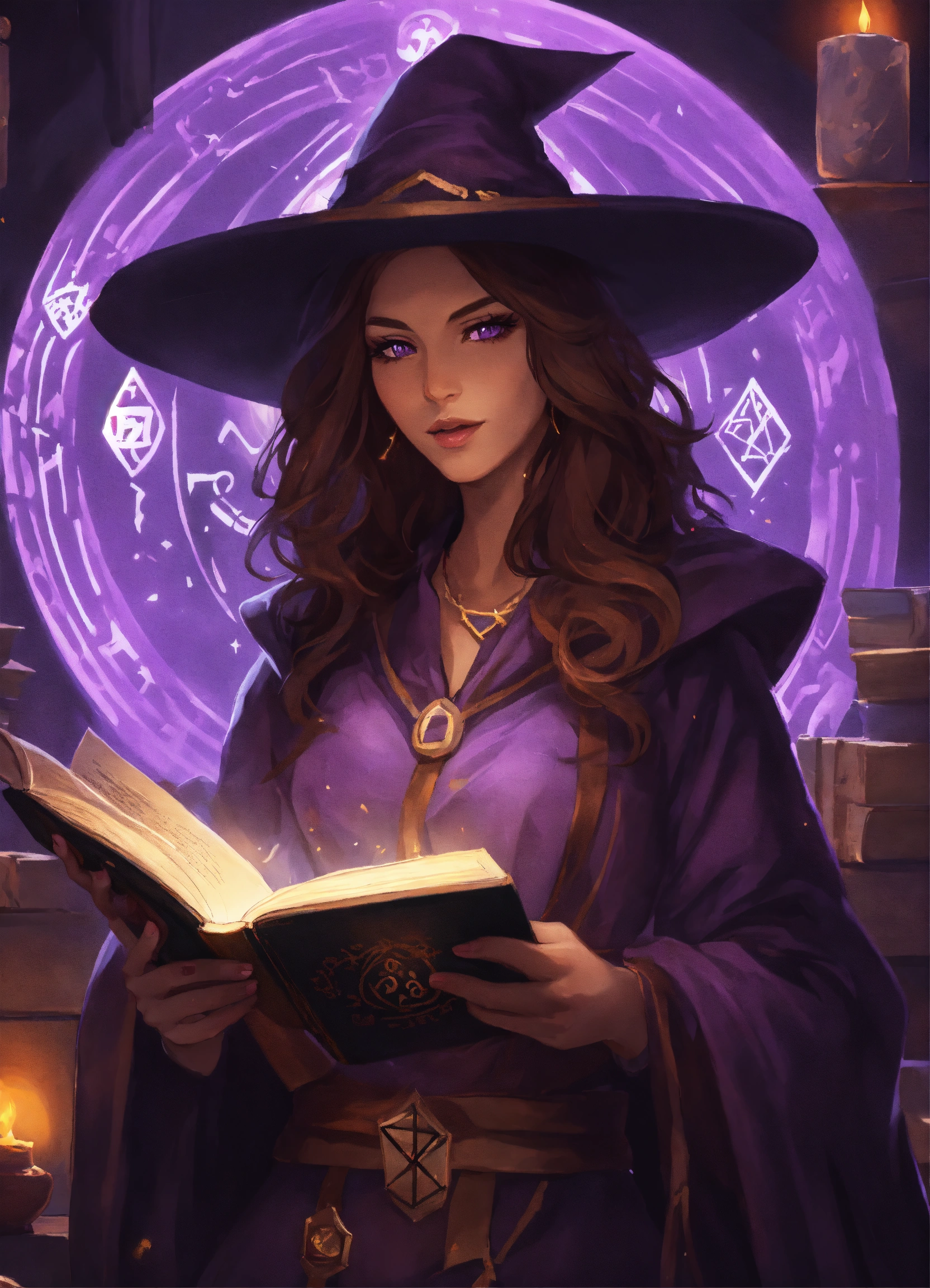 Lexica - A witch with brown hair and purple eyes surrounded by runes ...