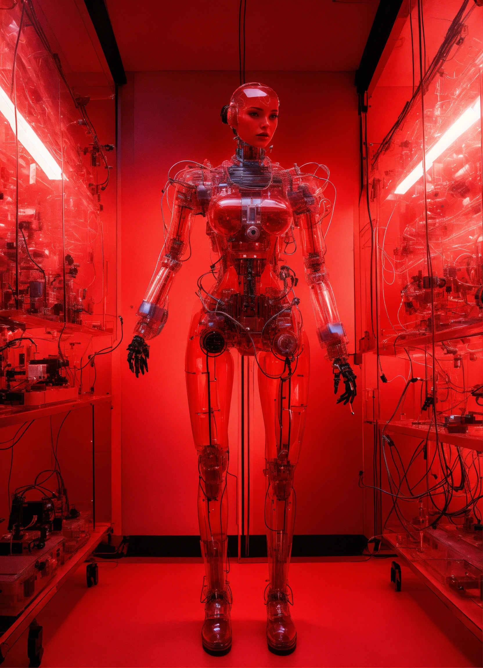 Lexica - Body portrait Photography, in a laboratory full of cables and ...
