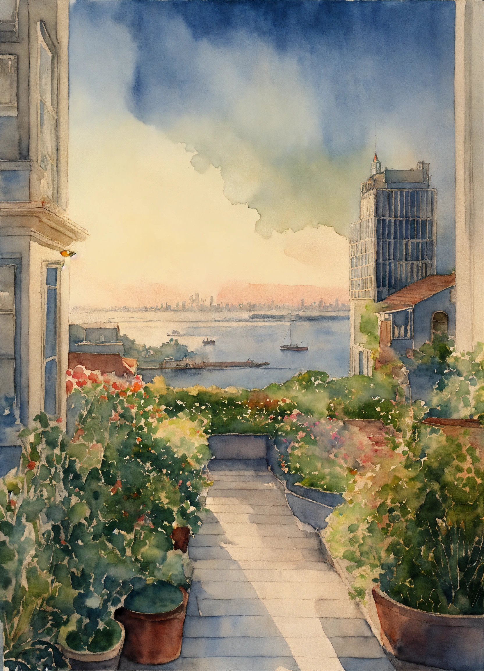 Lexica - Watercolour, reverse perspective, City Skyline, Garden, Ocean ...