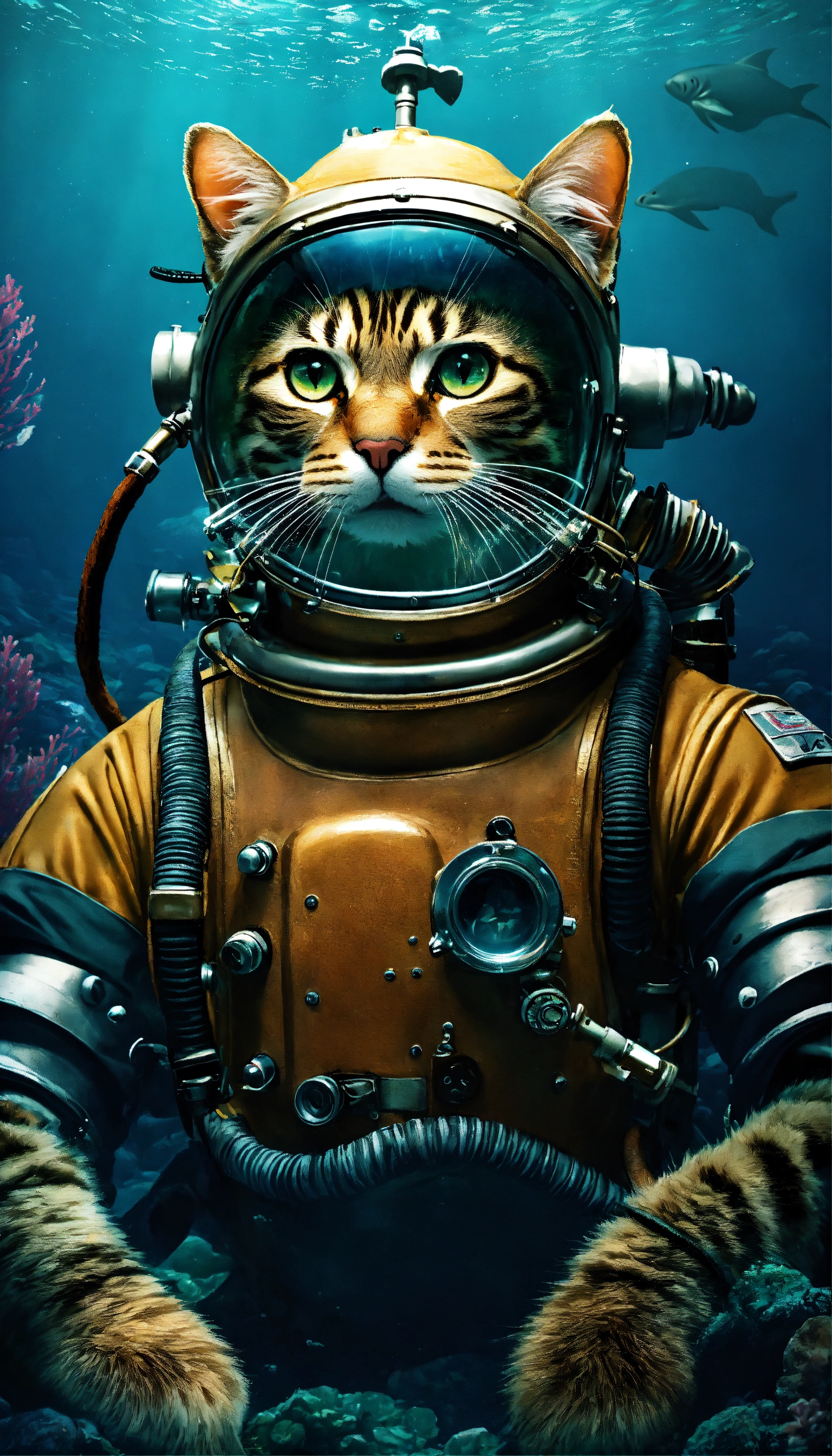 Lexica - Create an image of a cat pedaling through the ocean depths in ...
