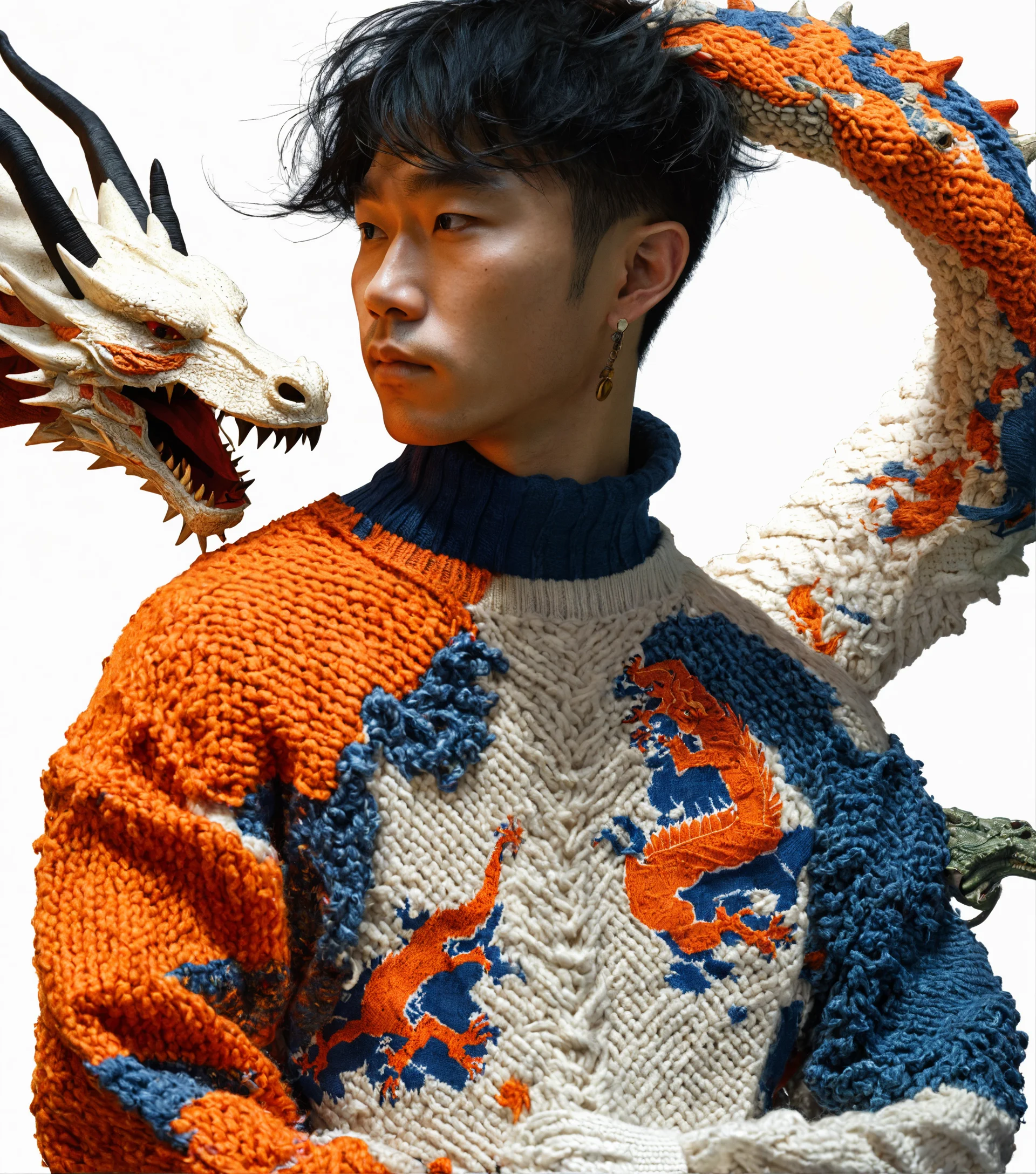 Lexica - A man with a dragon knitted sweater in a white background, in ...