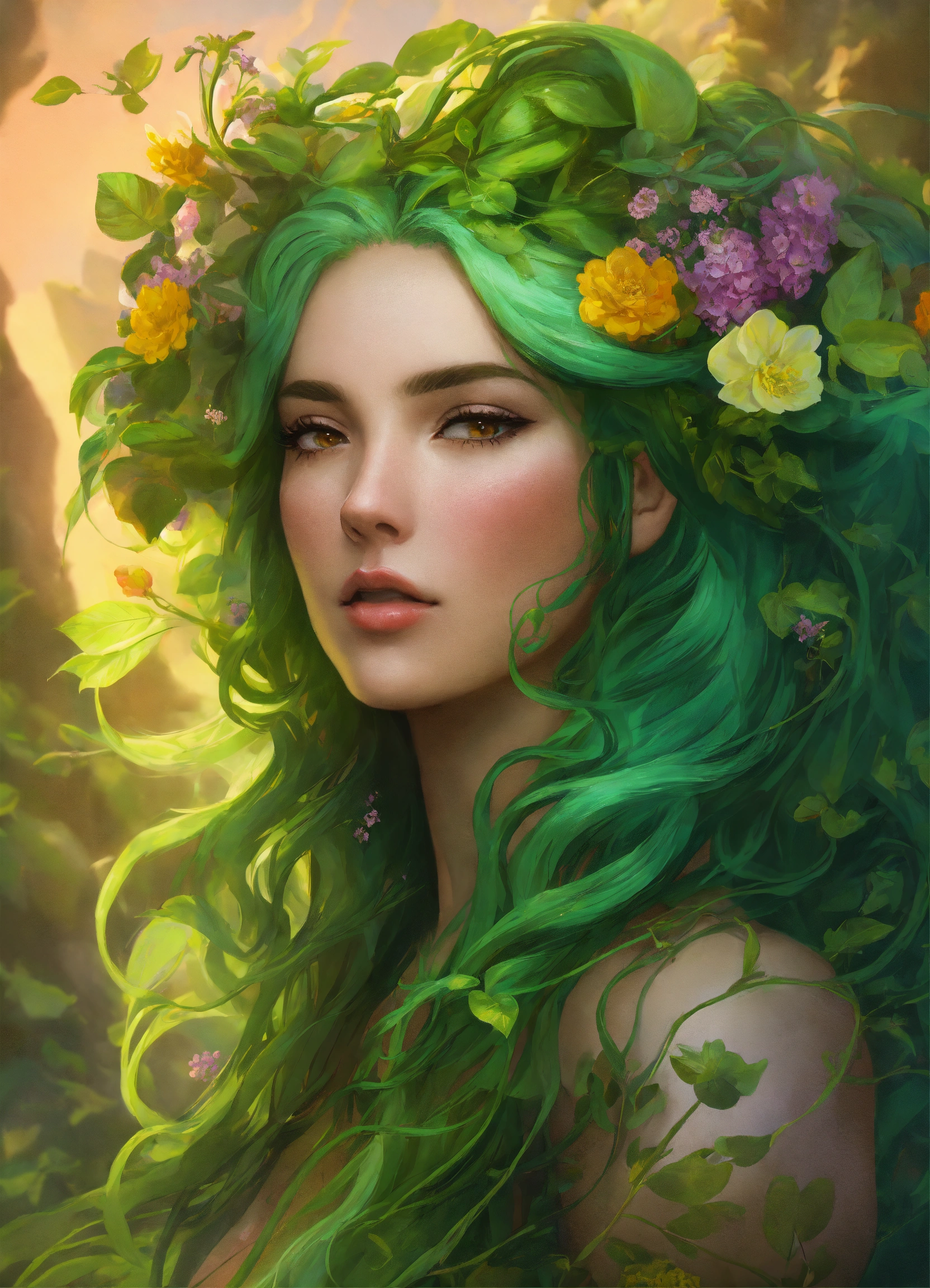 Lexica - "legendary nature goddess", huge green hair, plants, vines ...