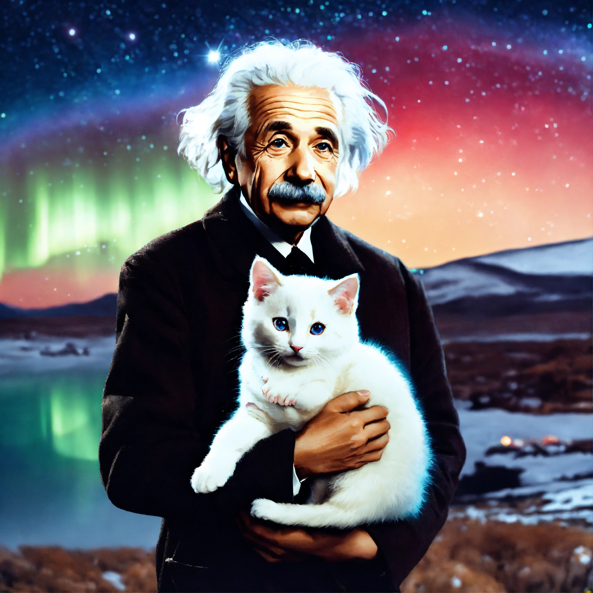 Lexica - Albert einstein holding a white cute kitten with aurora ...