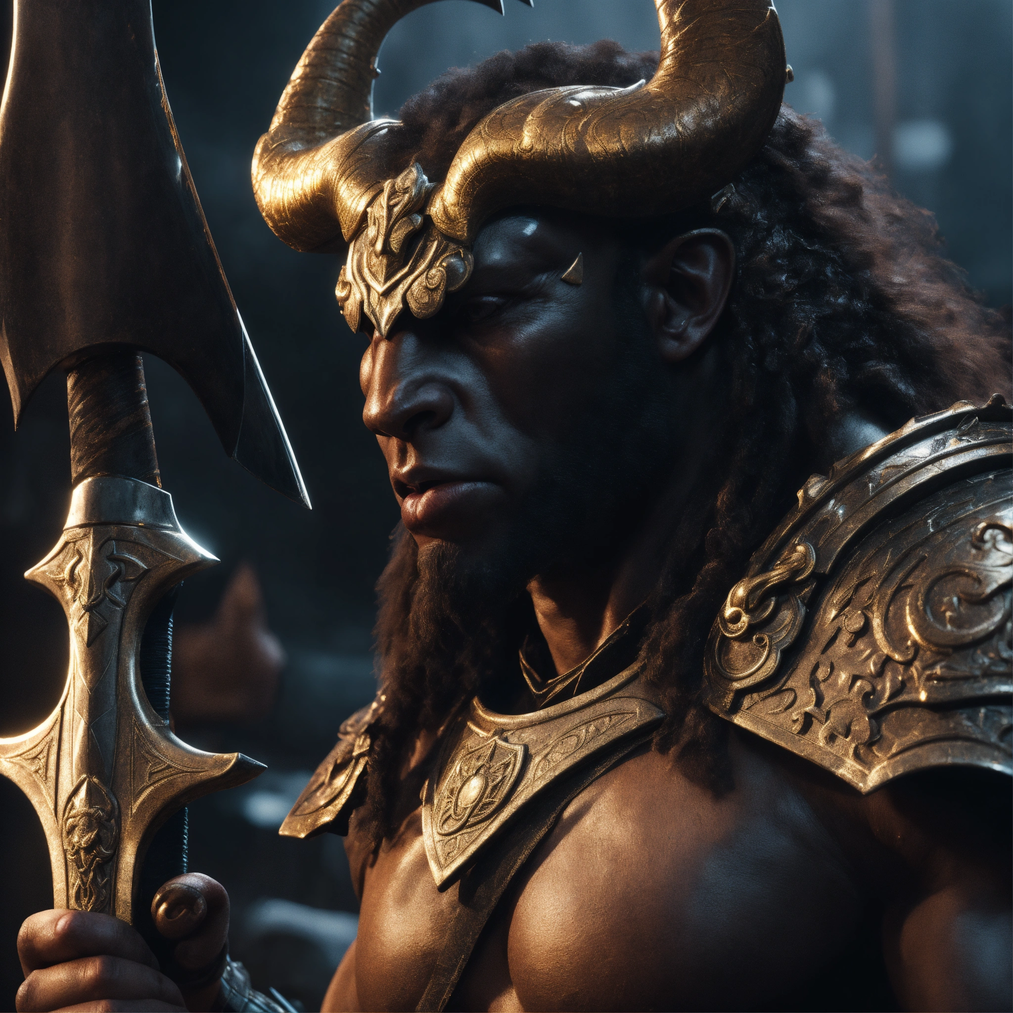 Lexica - Black minotaur, broken horn, holding great axe, profile close ...