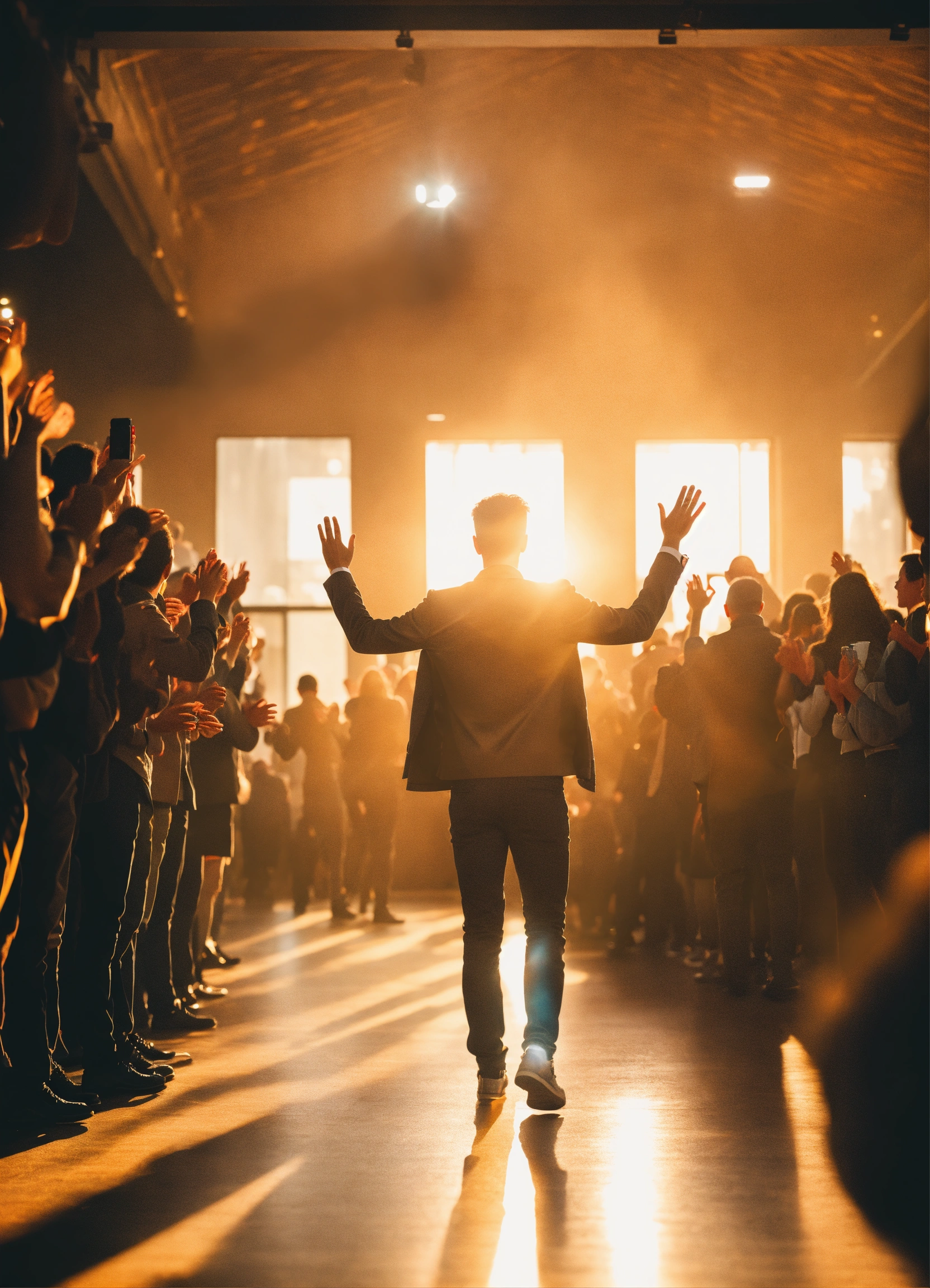 Lexica - A man is walking into a bright hall full of people, everyone ...