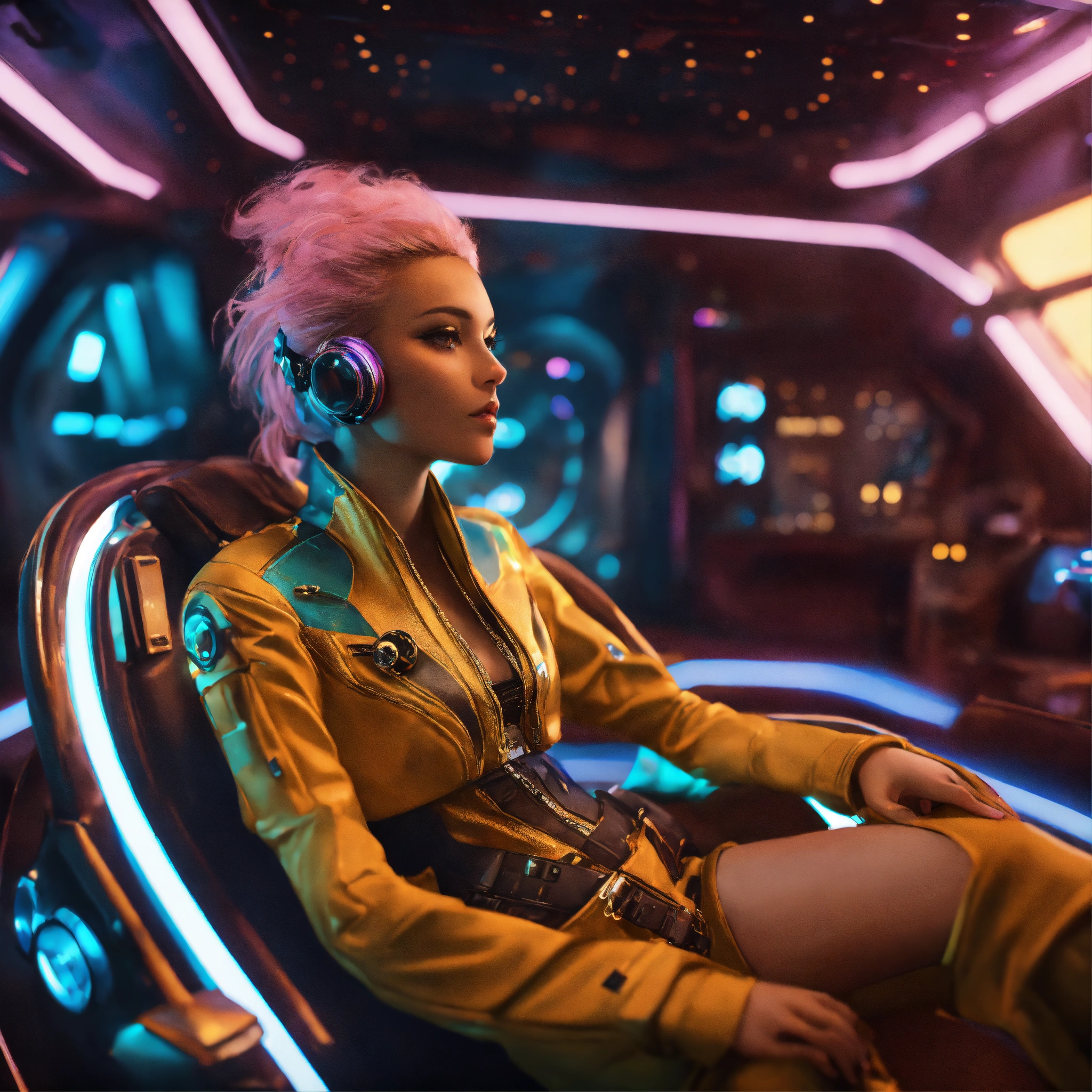 Lexica - Zoom out from a female alien rockstar wearing cool space fashion is lounging in a ...