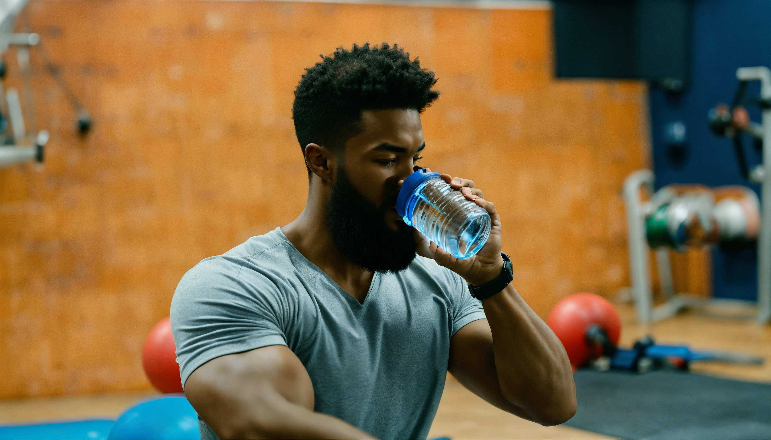 Lexica - A motivated personal trainer drinking water in a gym.