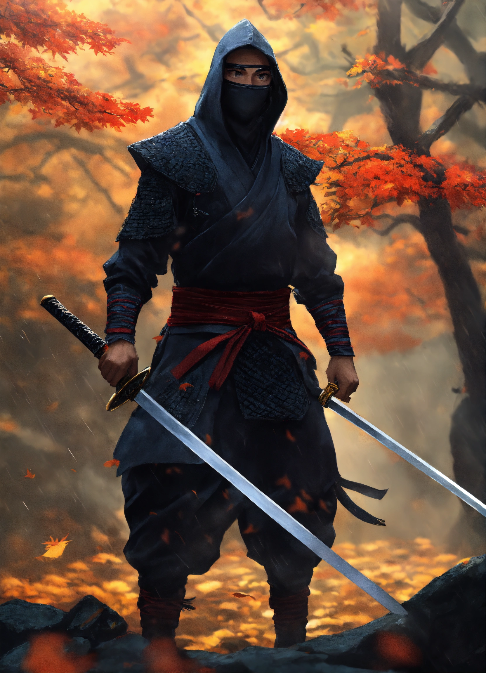 Lexica - Animated. Ninja holding his sword. Standing in a autumn storm.