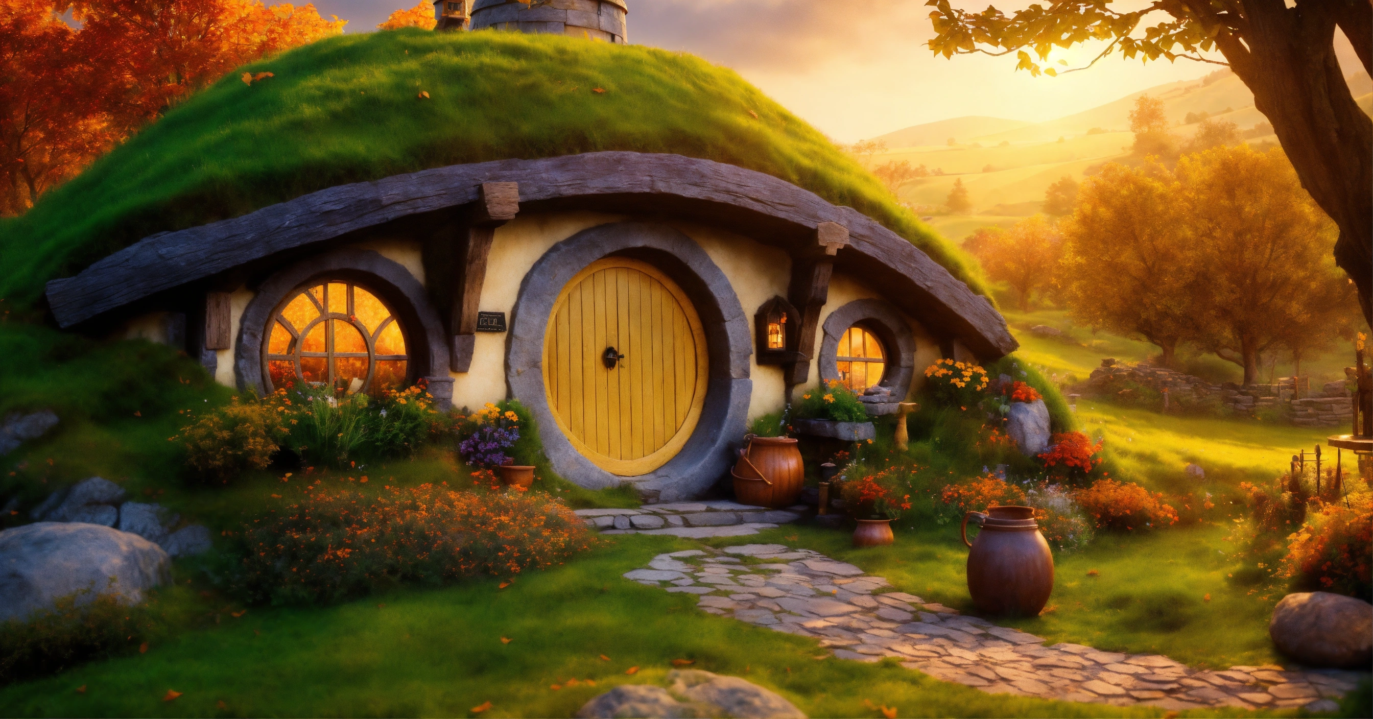 Lexica - Epic shot of the shire in autumn, a hobbit hole, ultra ...