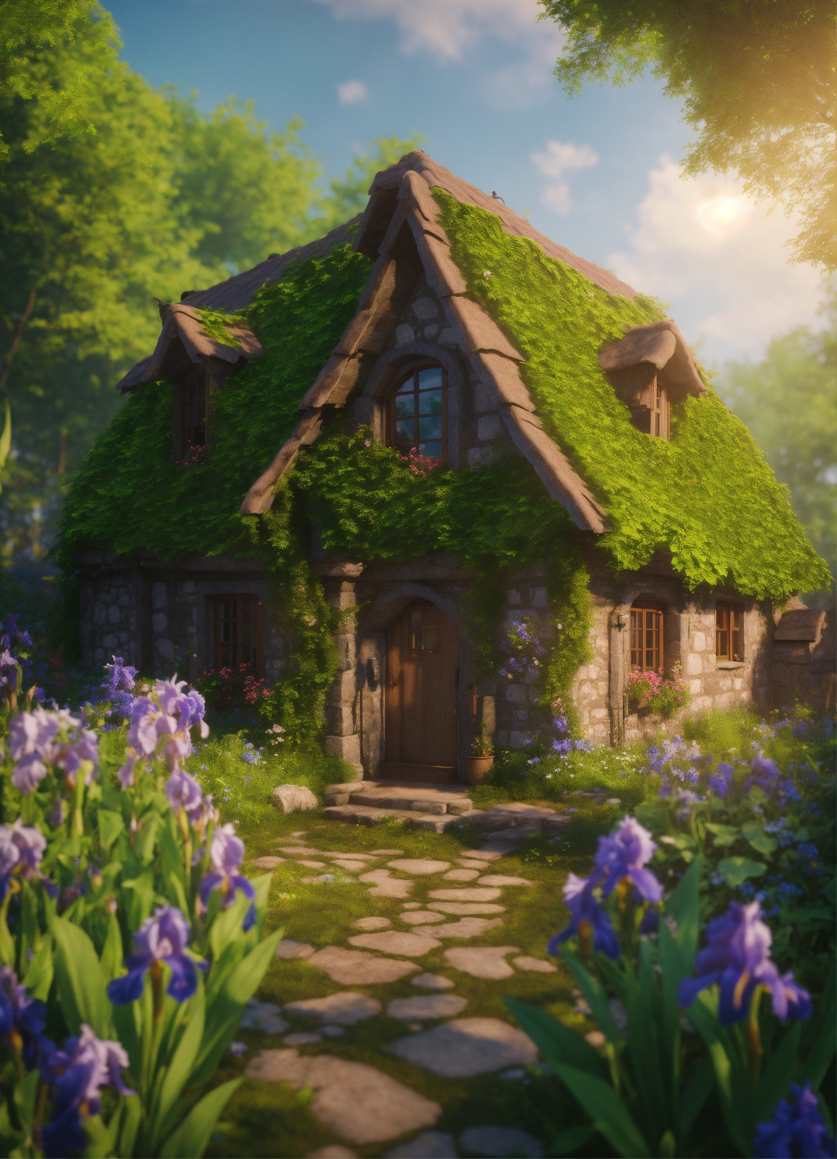Lexica - A beautiful small medieval cottage with iris flowers and green ...