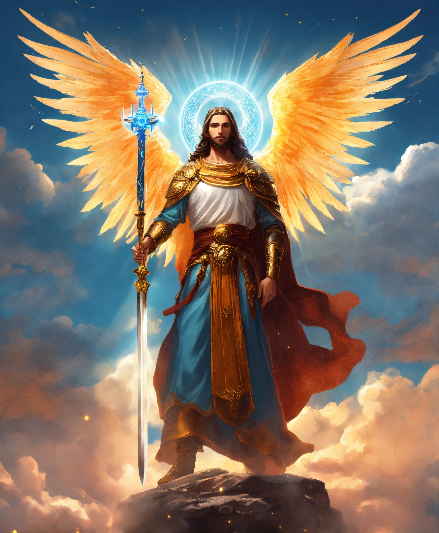 Lexica - Winged holy saint with a glowing aura and a sword. Cloud ...