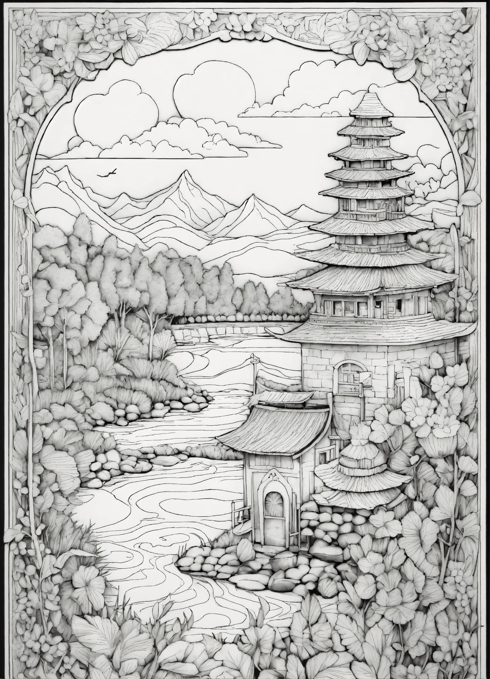 Lexica - Coloring book page, paper art landscape filigree, black and white