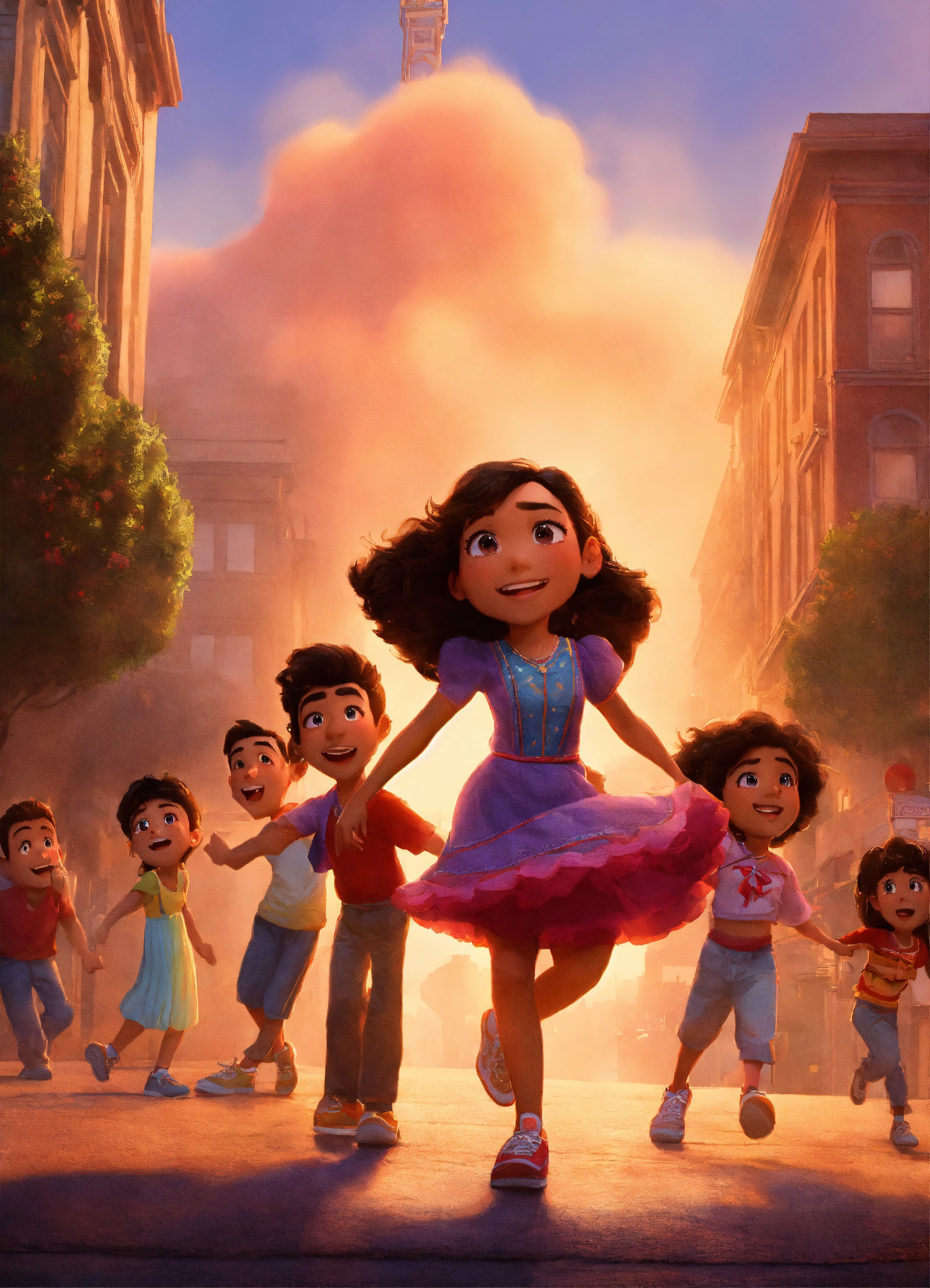Lexica - Pixar animation of hispanic 9 year old Mia dancing with her family under the foggy San ...