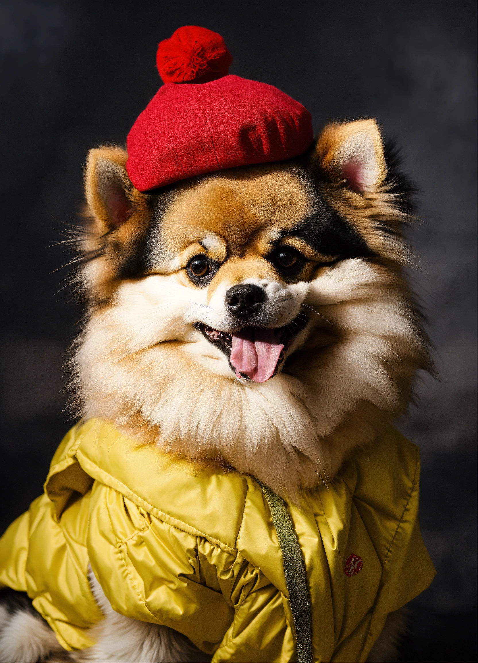 Lexica - Pomeranian dog wearing a ski mask and beret, holding an ...