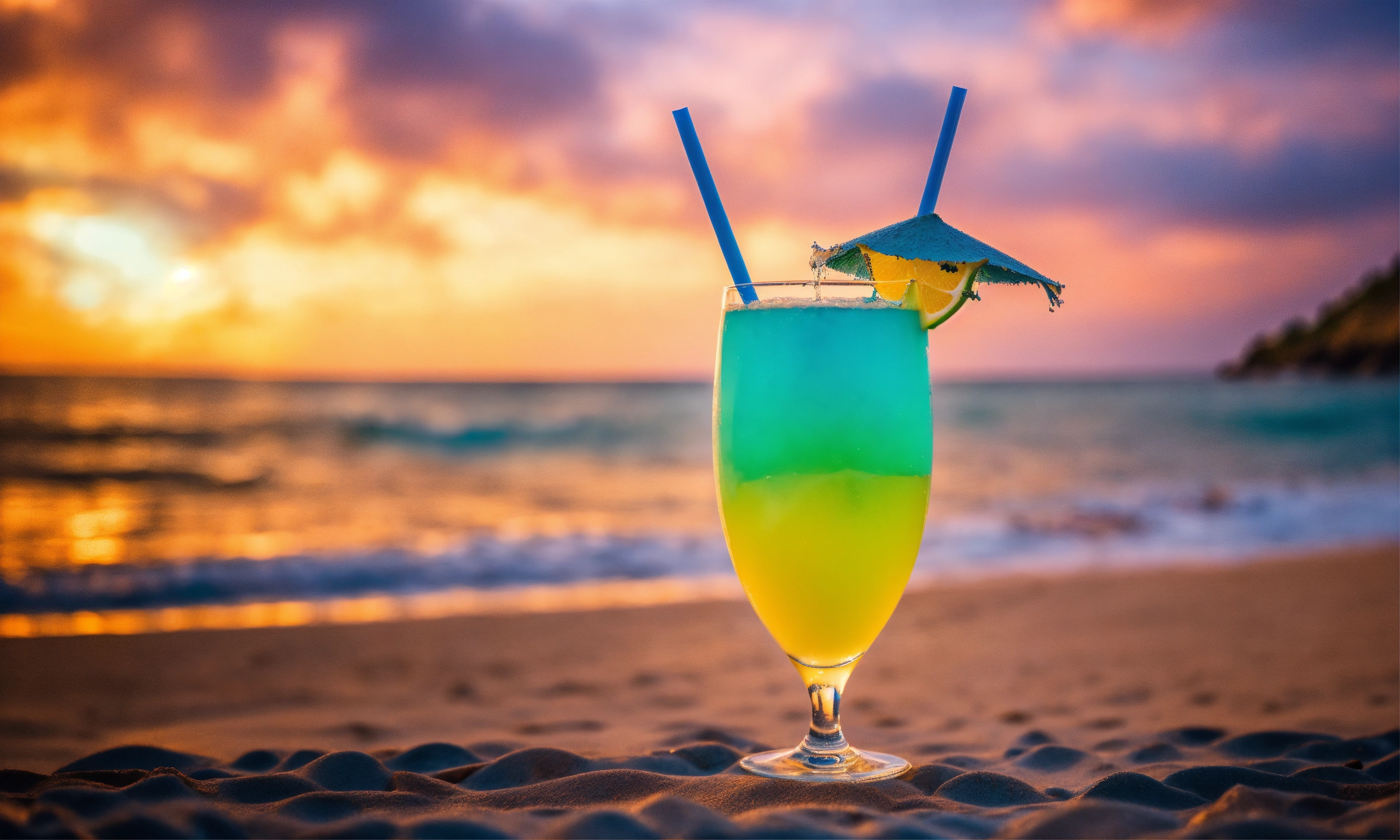 Lexica - Tropical drink, behind is the beach with blue ocean, defocus ...
