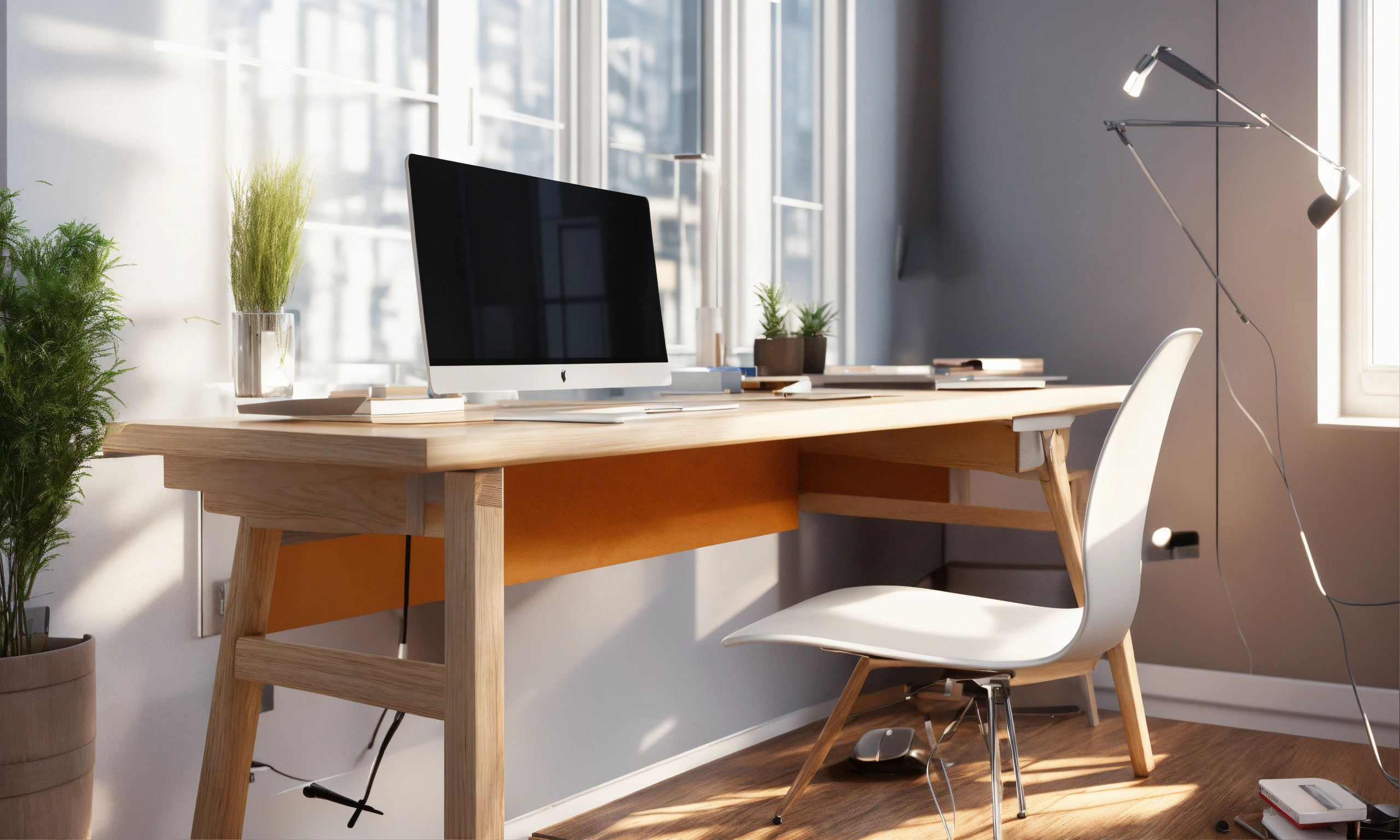 Lexica - White wood office desk, computer, close up, photo-realistic ...