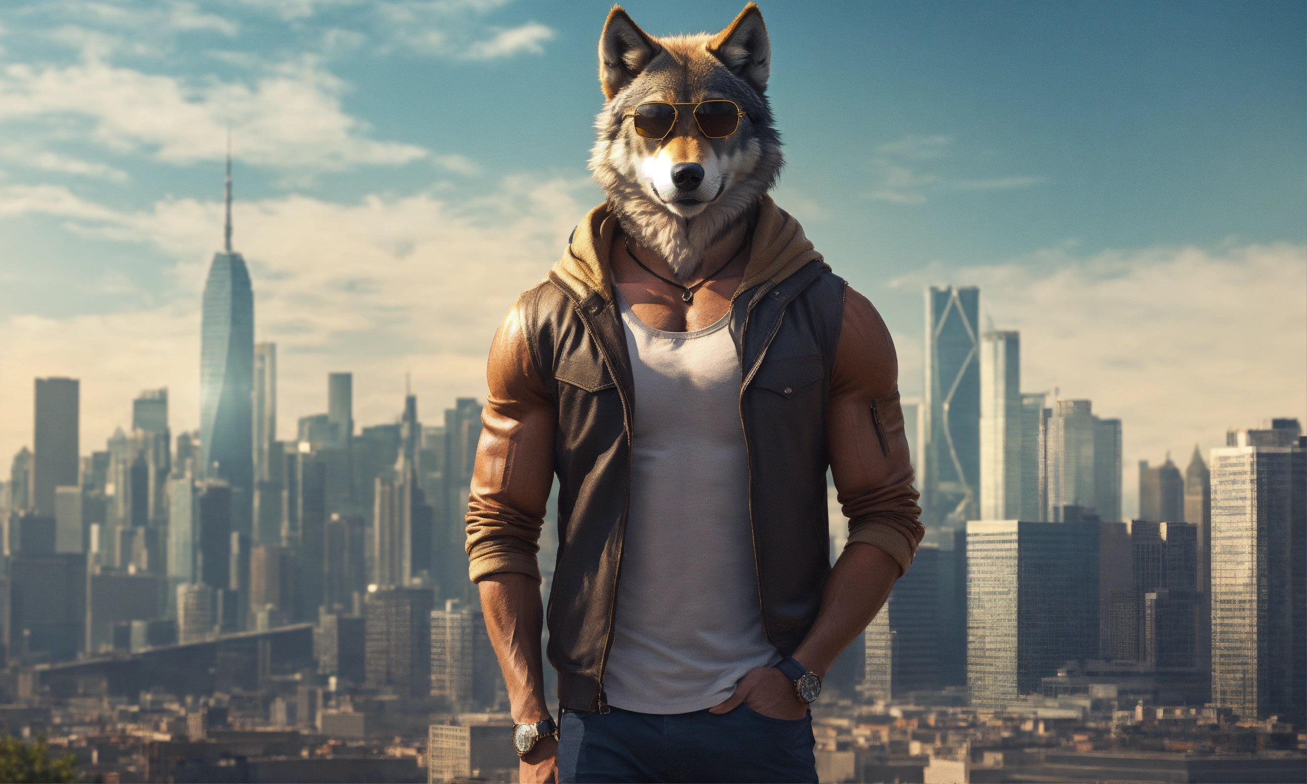 Lexica - A humanised modern tall wolf, with muscles, city background ...