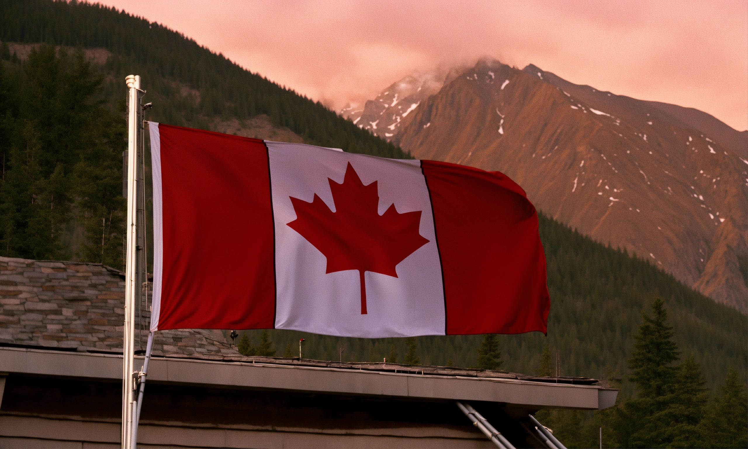 Lexica - Canadian flag on building with mountain backdrop