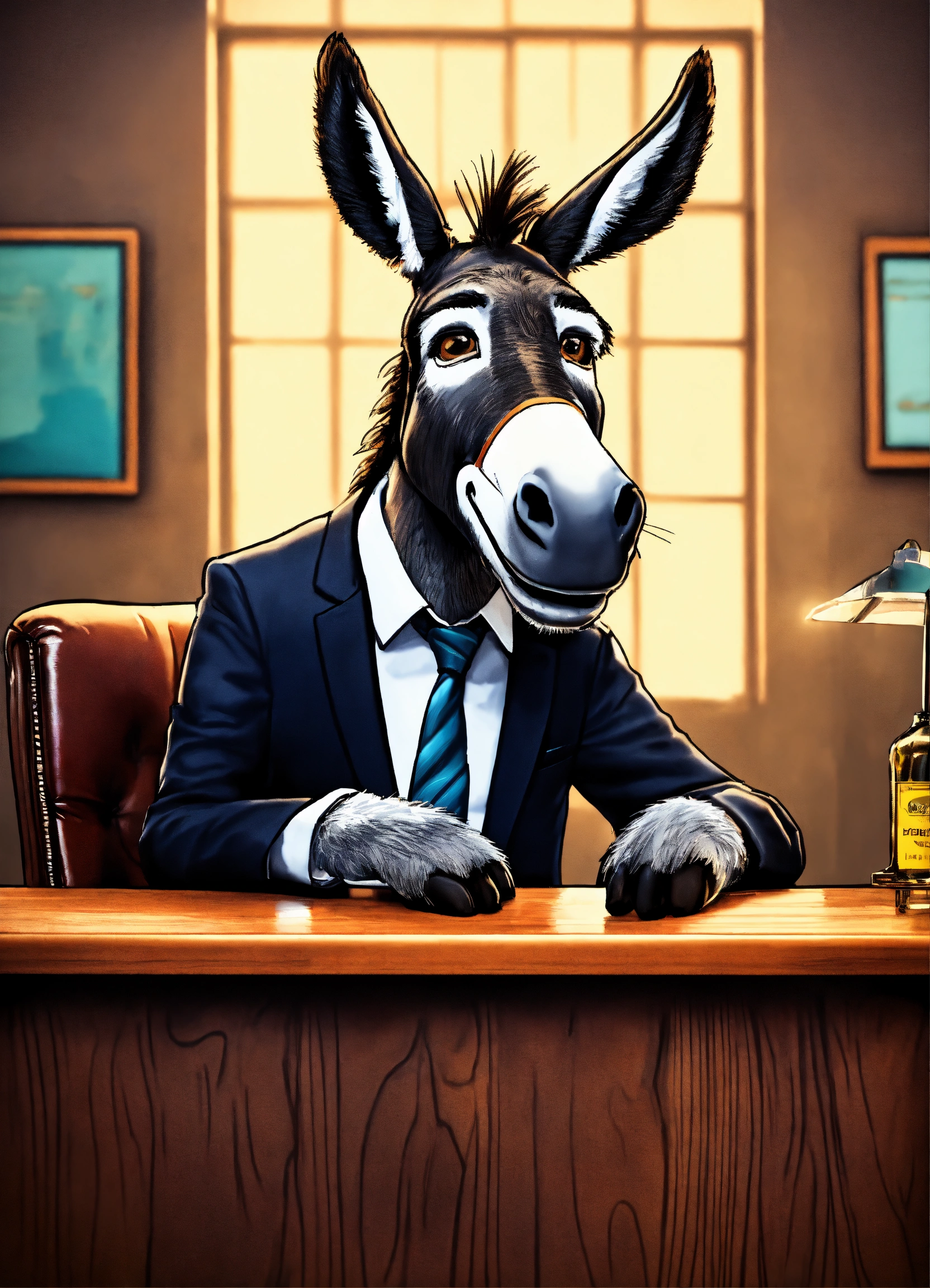 Lexica - Funny, donkey sittin on a bar desk, wearing balck suite and ...