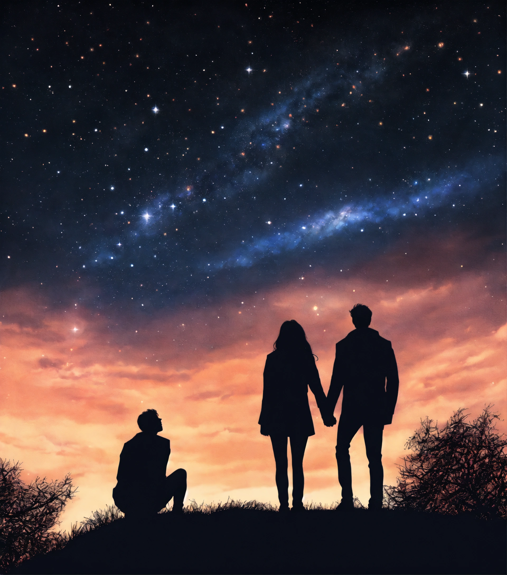 Lexica - Realistic drawing, three lovers, in the background stellar sky