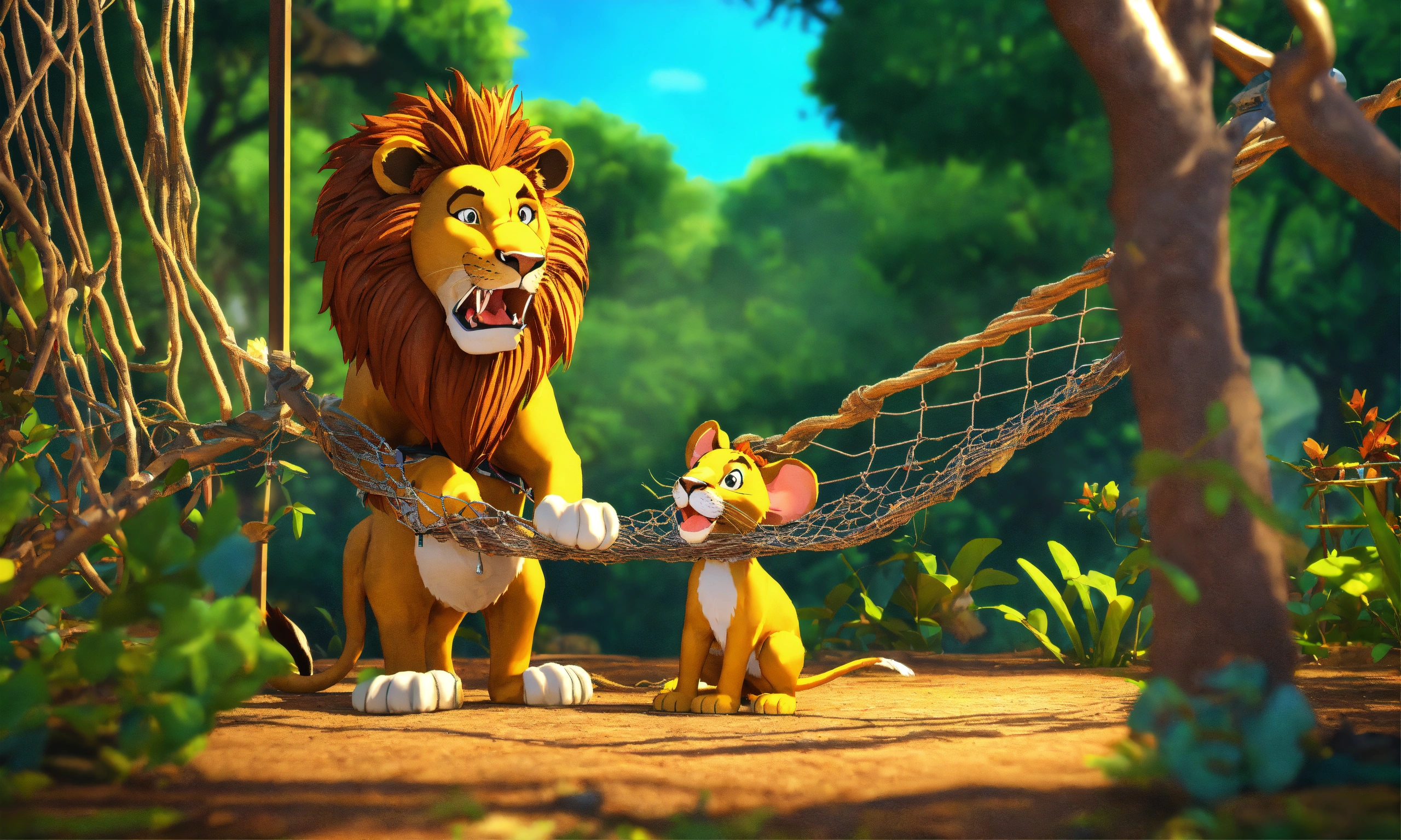 Lexica - Cartoon 3d big lion was captured and trapped in a net and hang ...
