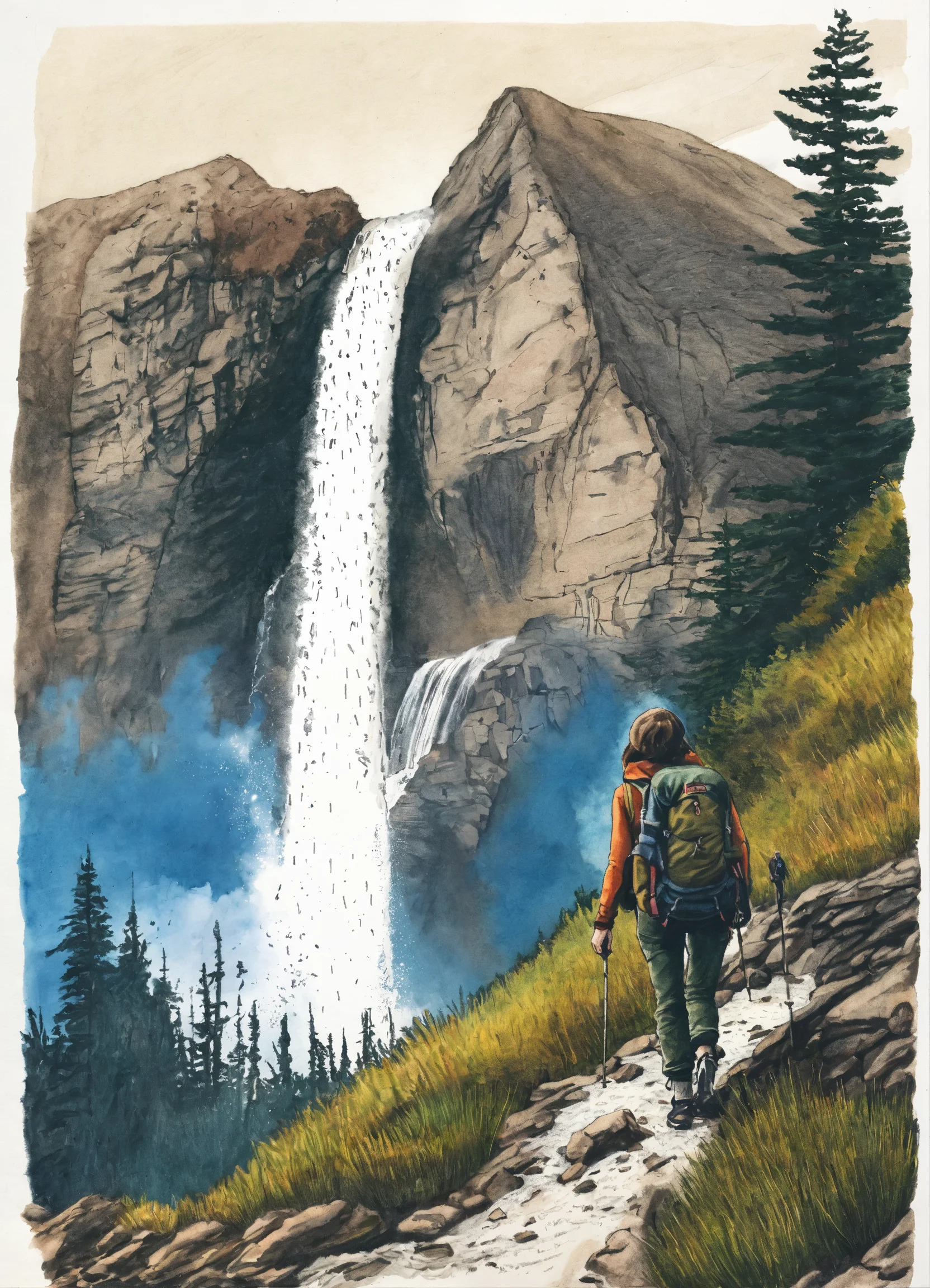 Lexica - A drawing illustrating a hiker with a mountain and a waterfall ...