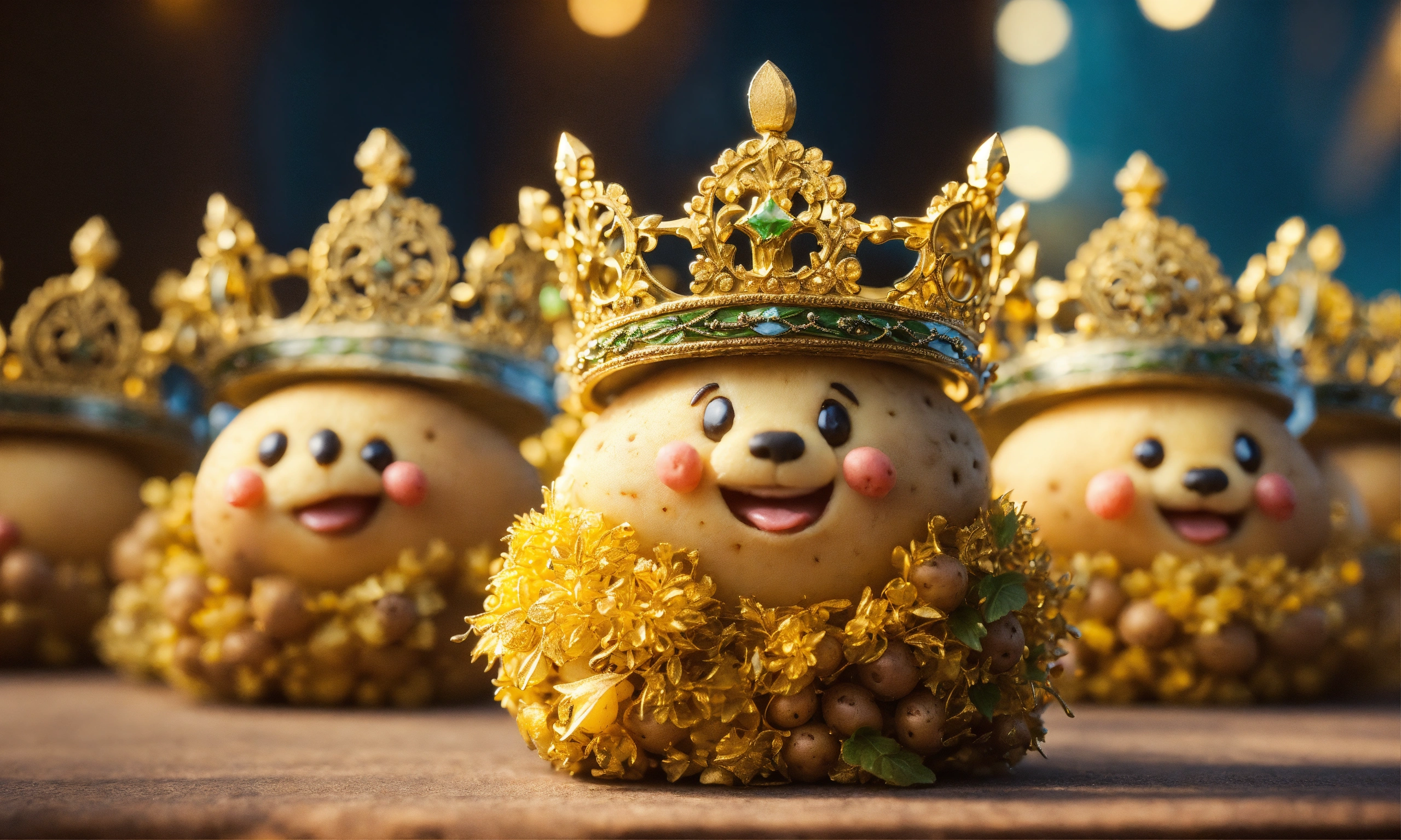 Lexica - Realistic Tiny potato kings wearing majestic crowns, sitting ...