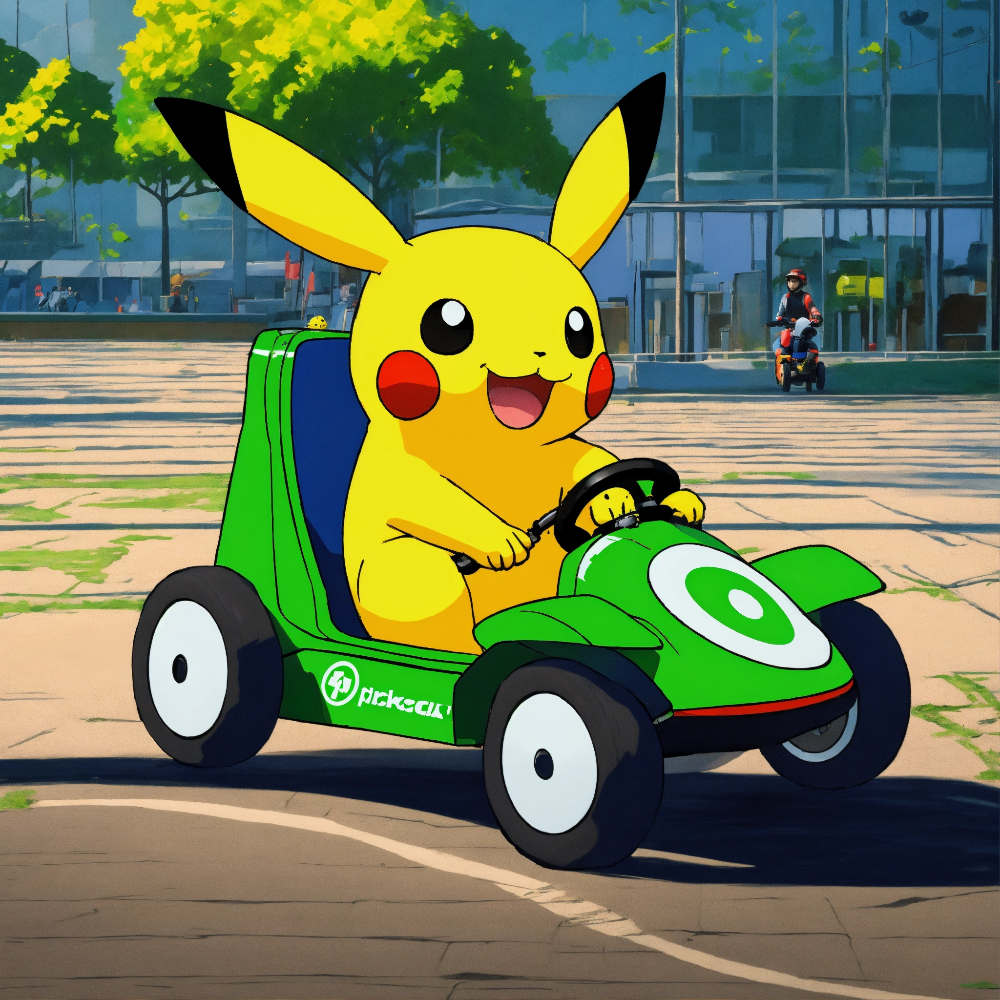 Lexica - Draw me a pickachu riding a green go kart in paris