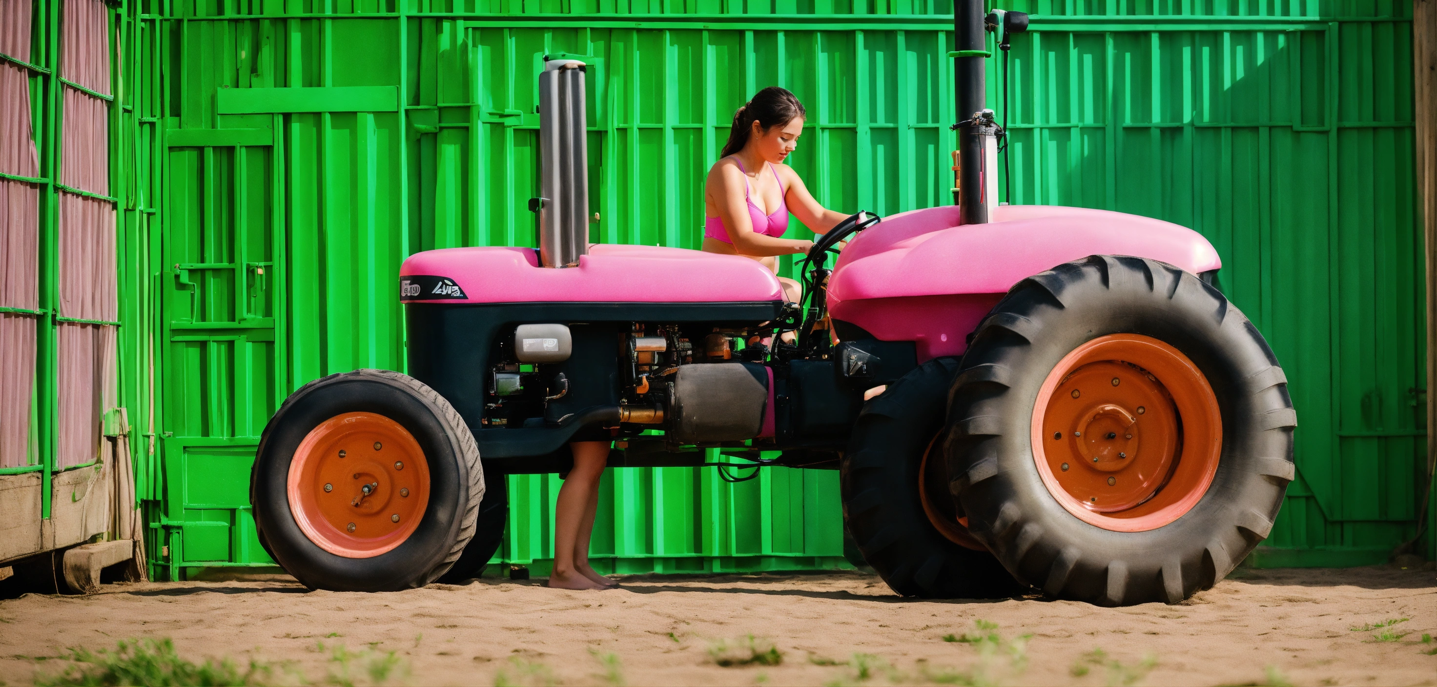 Lexica - 25 years old Lady in a pink swimming suit inflating a green ...