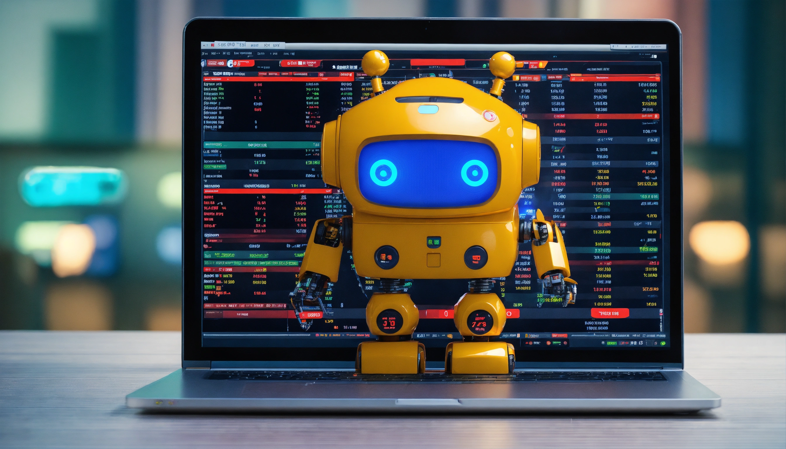 Lexica - Cute robot that monitors binary options chart on laptop