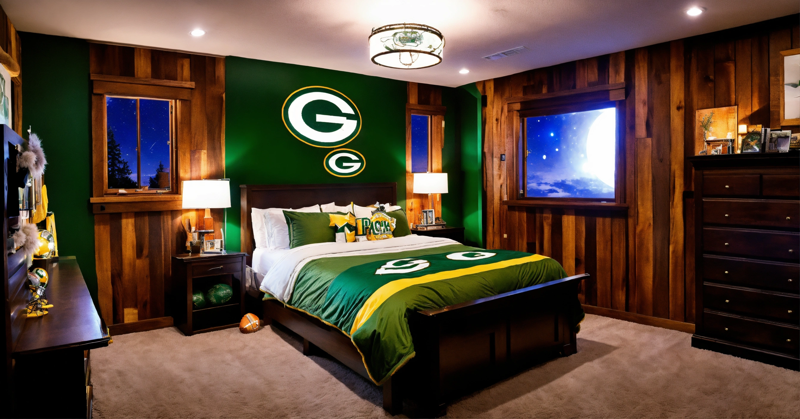 Lexica - Green bay packer theme bedroom, fluffy rug, dark wood, night ...