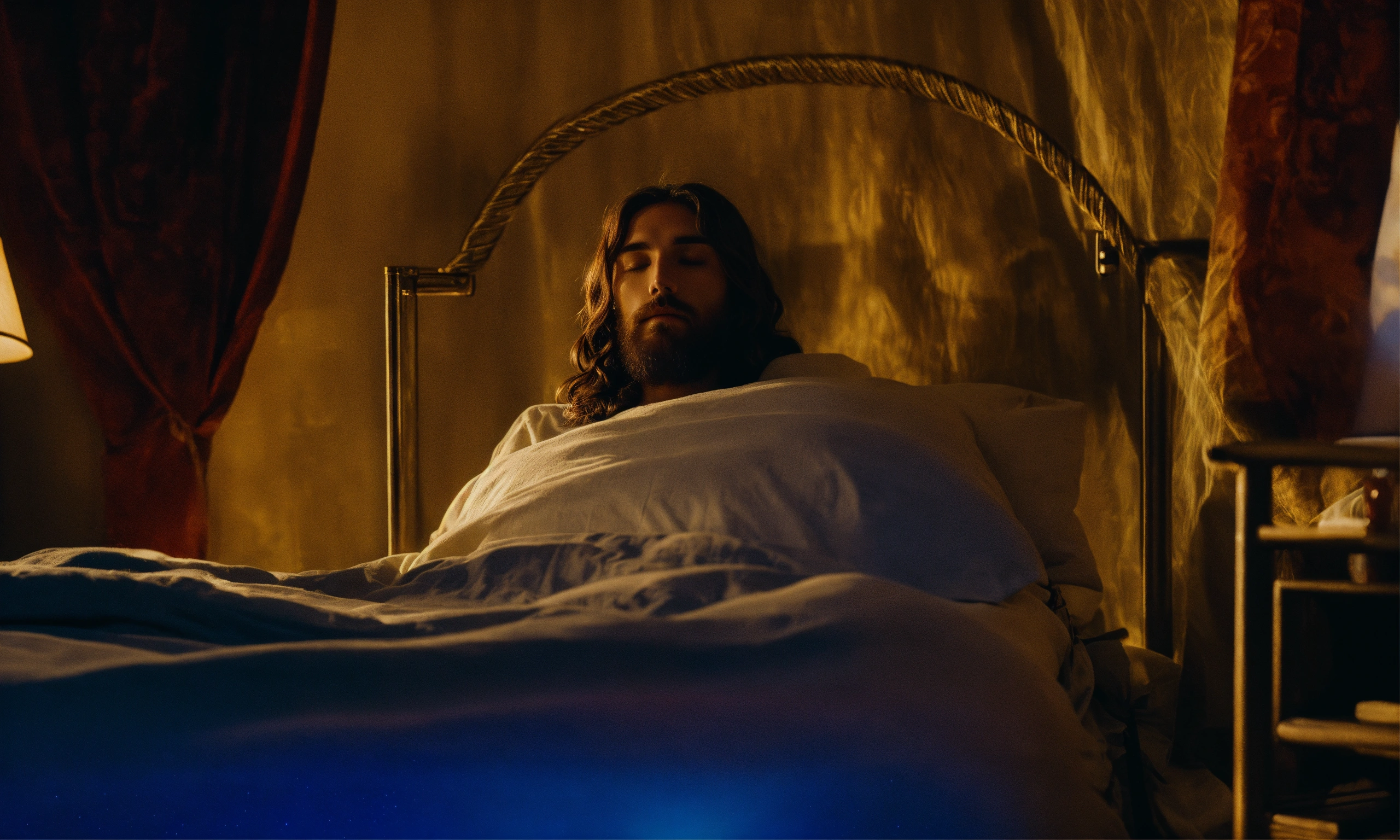 Lexica - Jesus christ seated in the bed watching a woman sleeping, blue ...