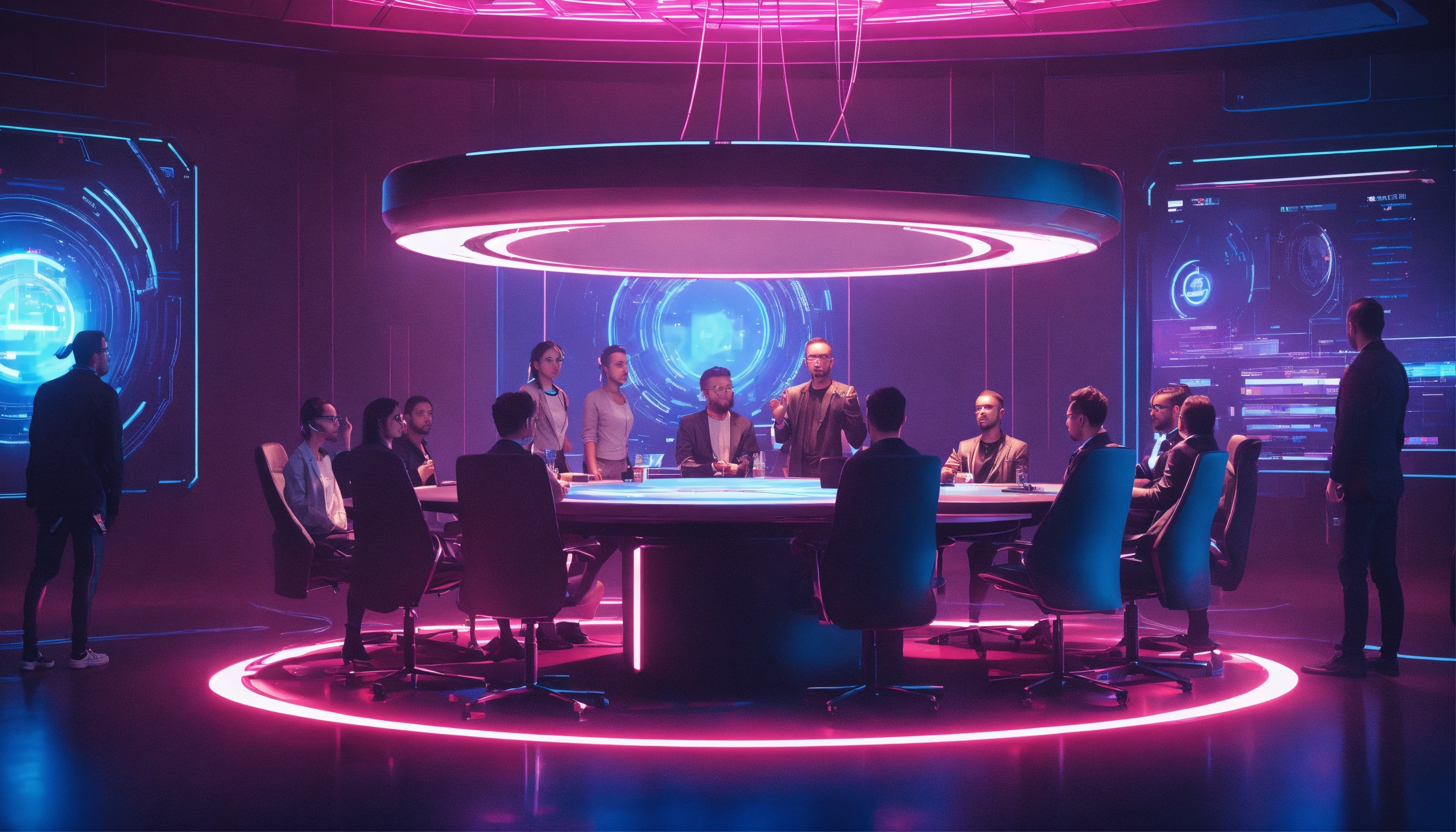 Lexica - Futuristic meeting room, round cyber table, people siting, one ...