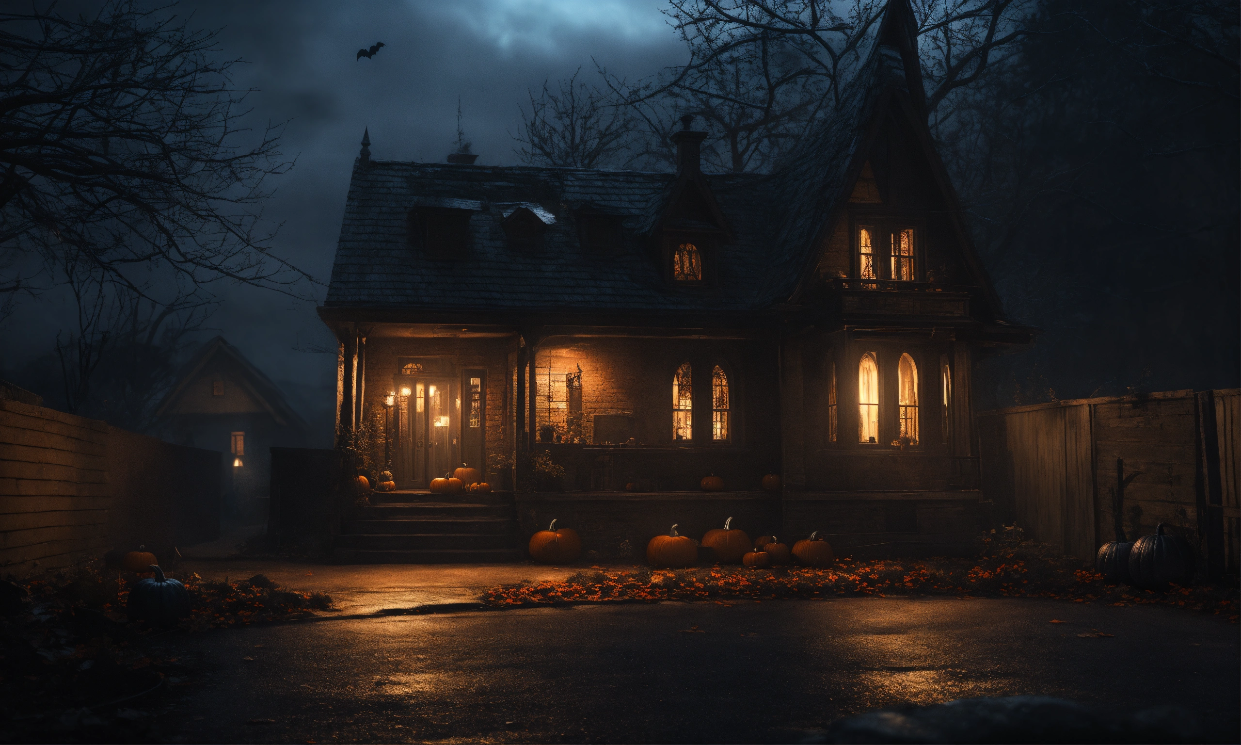 Lexica - Spooky dark modern home incorner of street at night; in ...