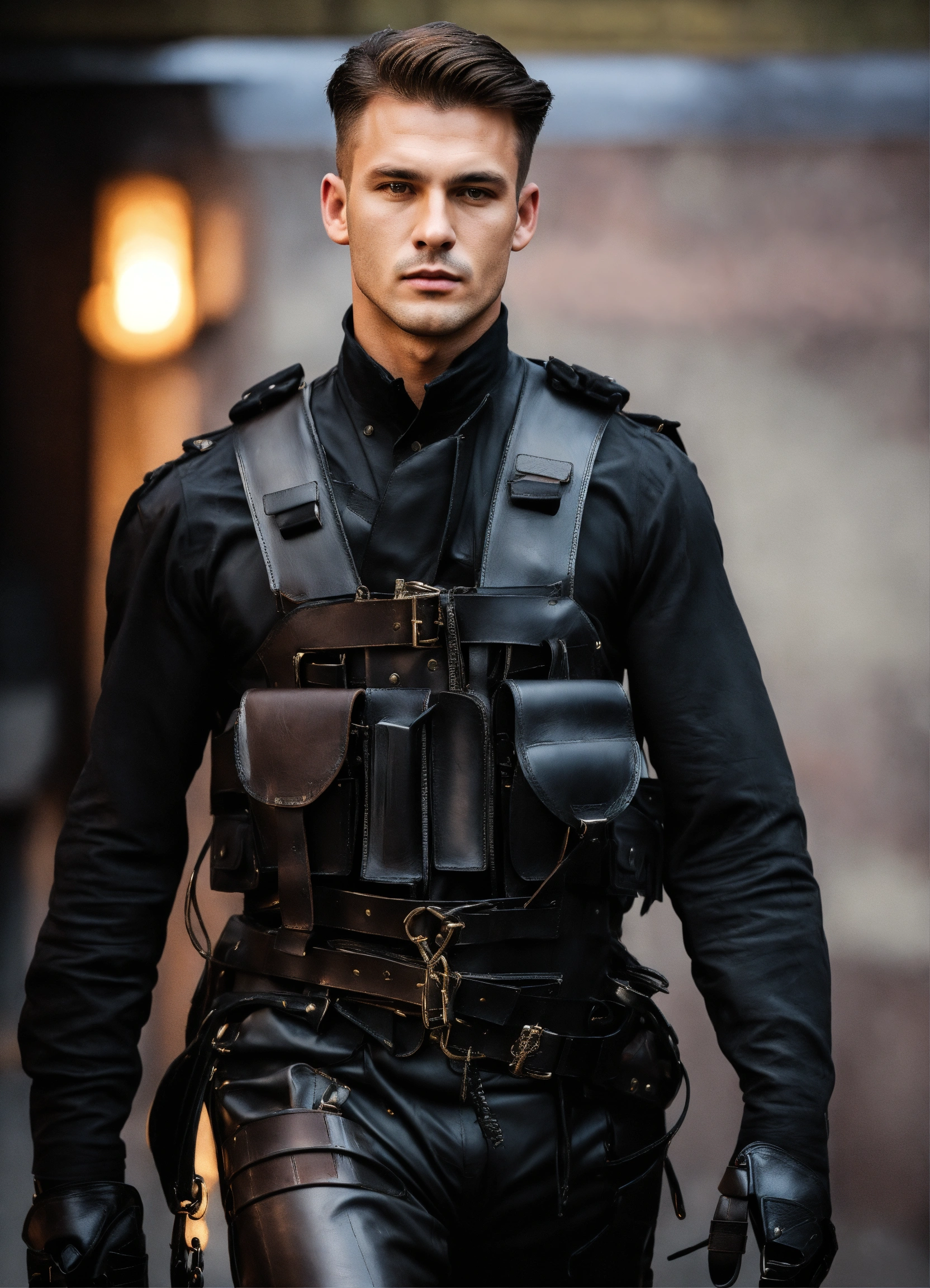 Lexica - Black combat uniform for man. Leather vest, hand protection on ...