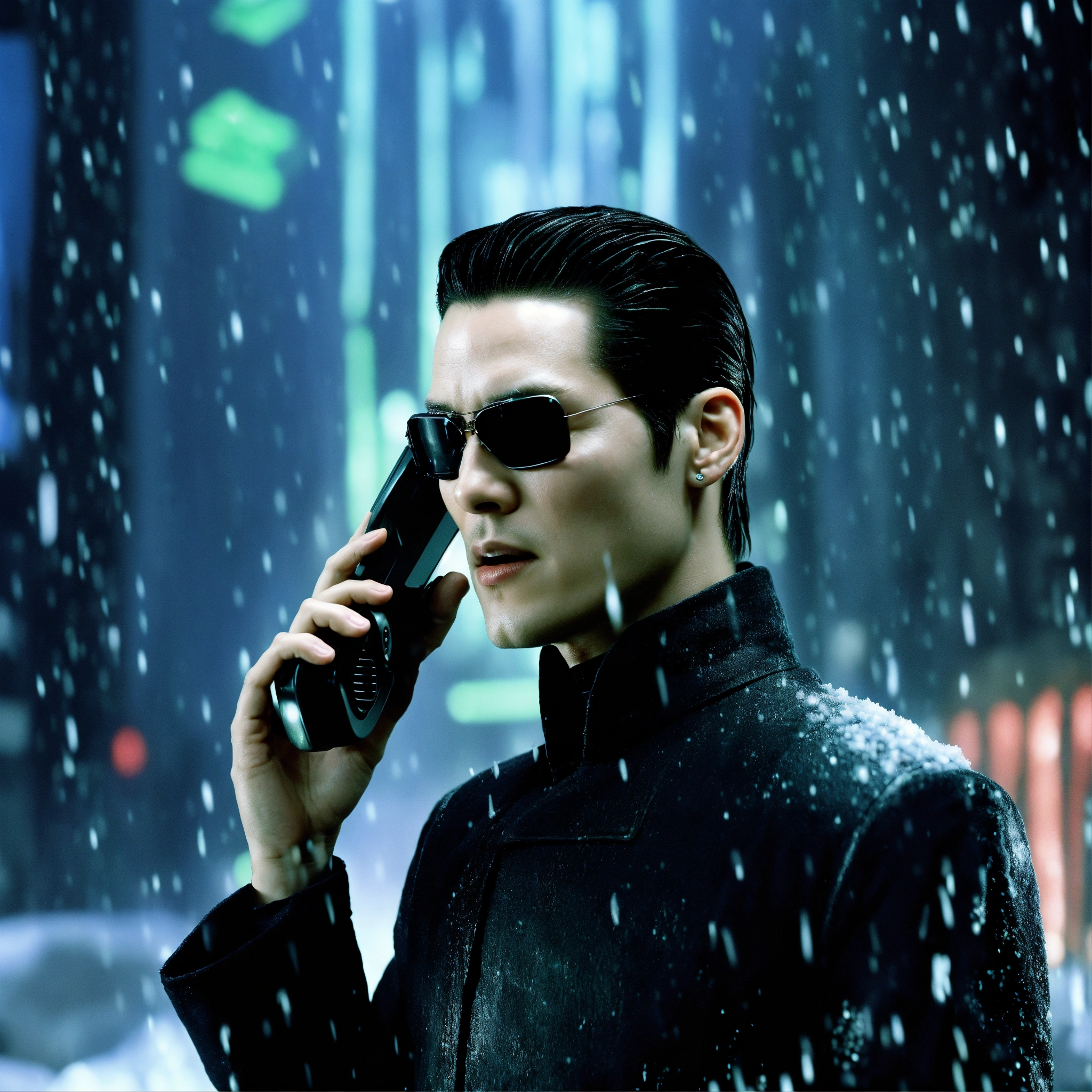 Lexica - Neo from the matrix is frozen, he is calling on an ice phone