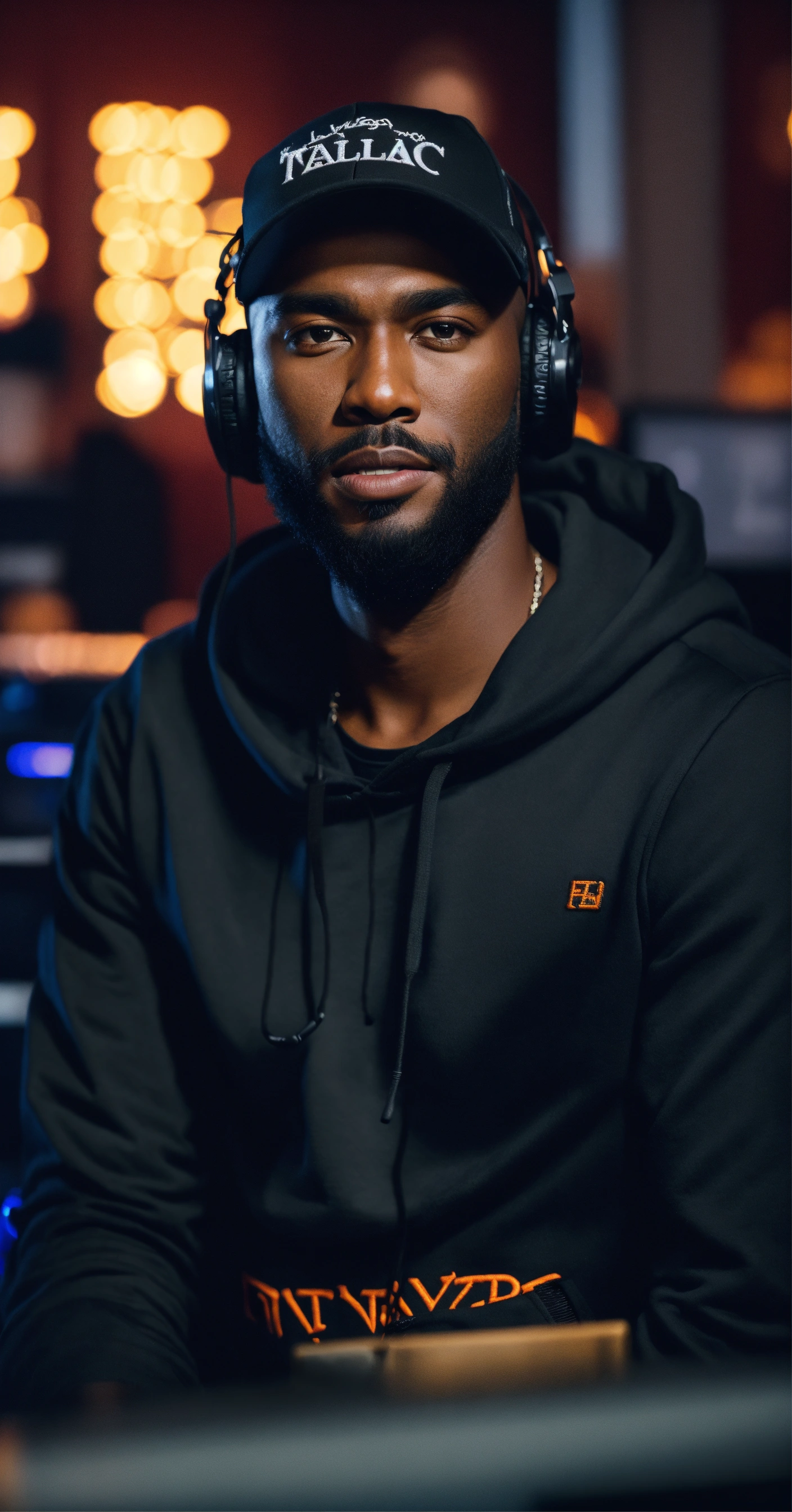 Lexica - Dimmed fancy TV station studio, bald dark skin black handsome ...