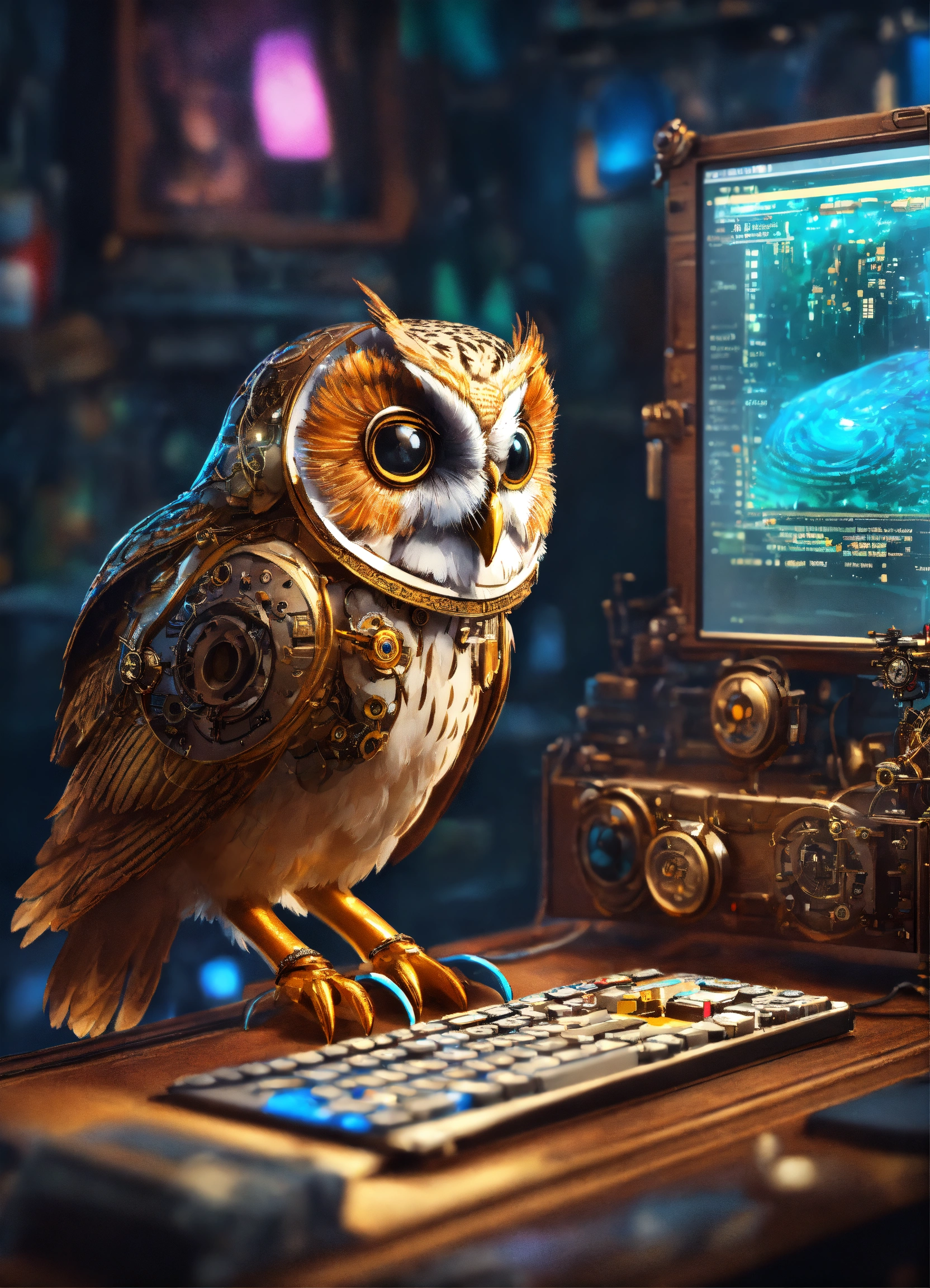Lexica - Tiny good,owl looking at a computer, surrounded by computer ...