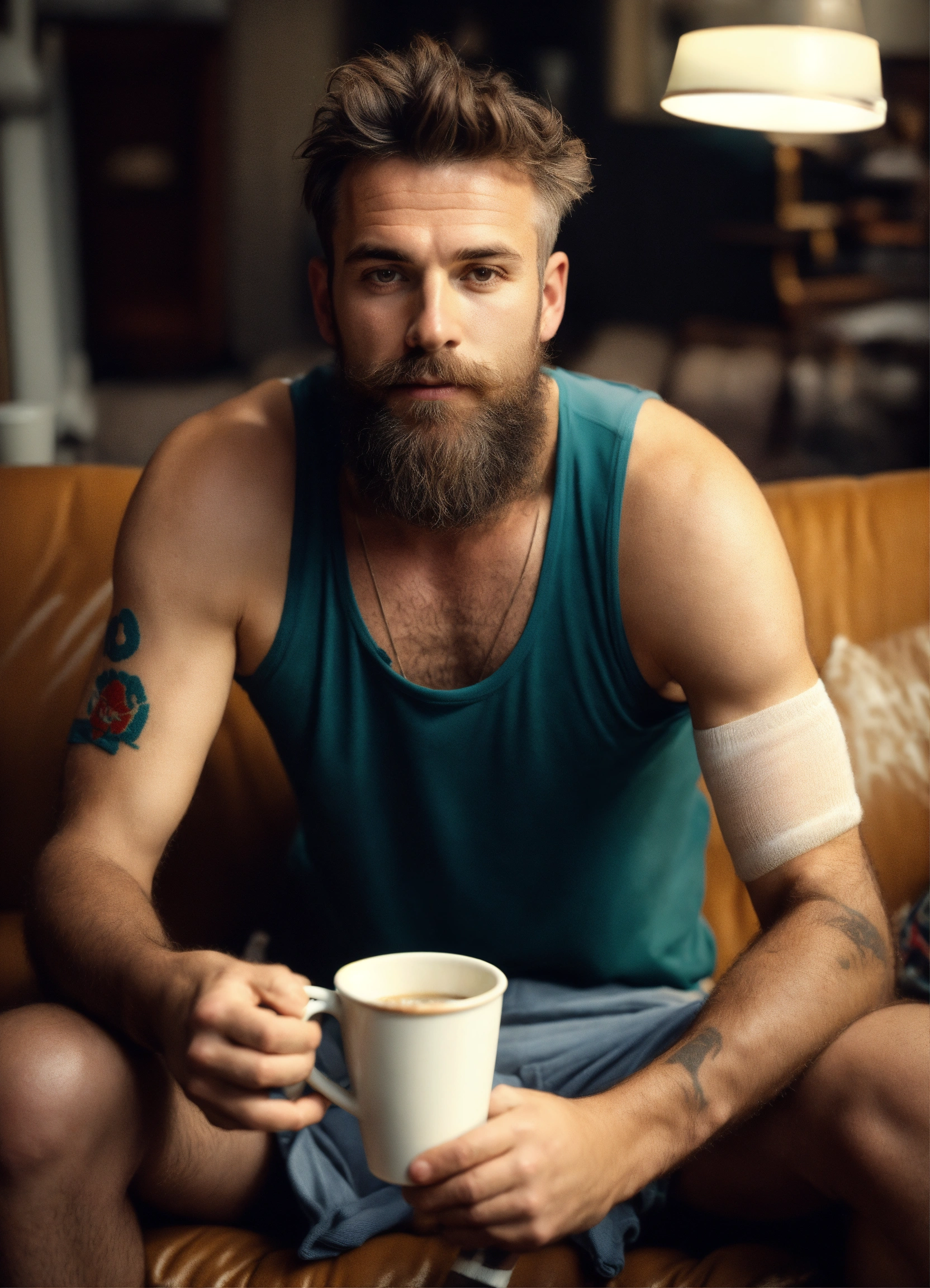 Lexica - Scruffy British man, wearing transparent shorts and vintage ...