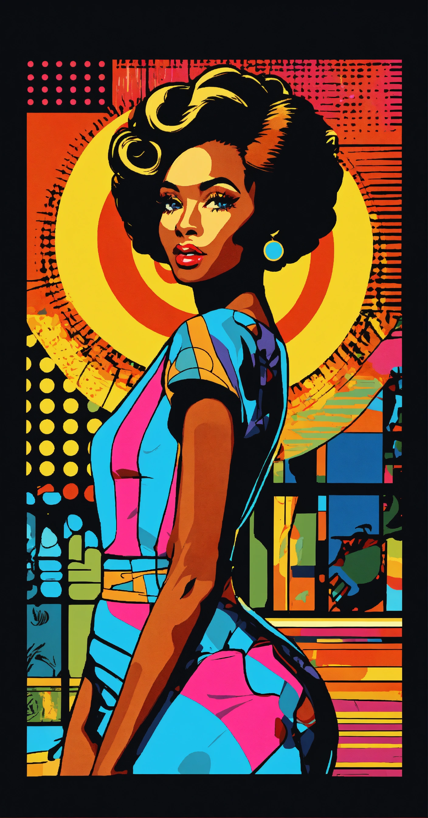 Lexica - Retro Chic Black Woman in a classic pop art dress, surrounded ...