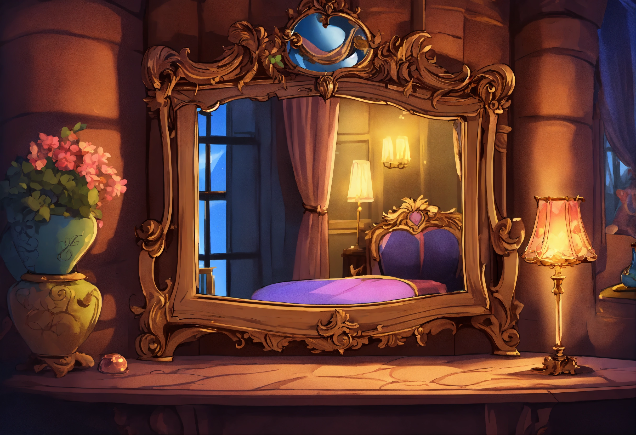 Lexica - Cartoon fairy taie style image mirror on table in dark castle room
