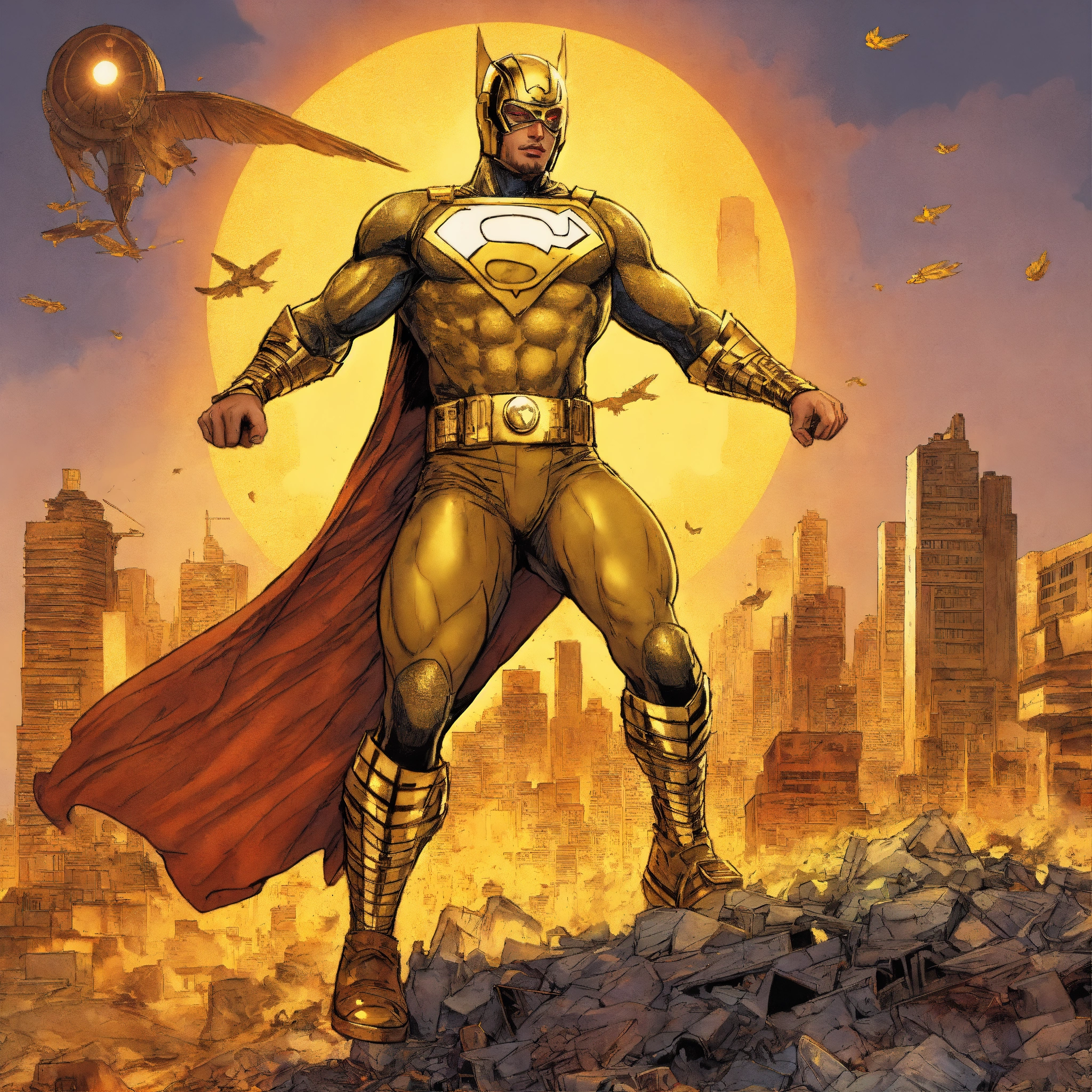 Lexica - A realistic shimmering gold Brazilian superhero in the style ...