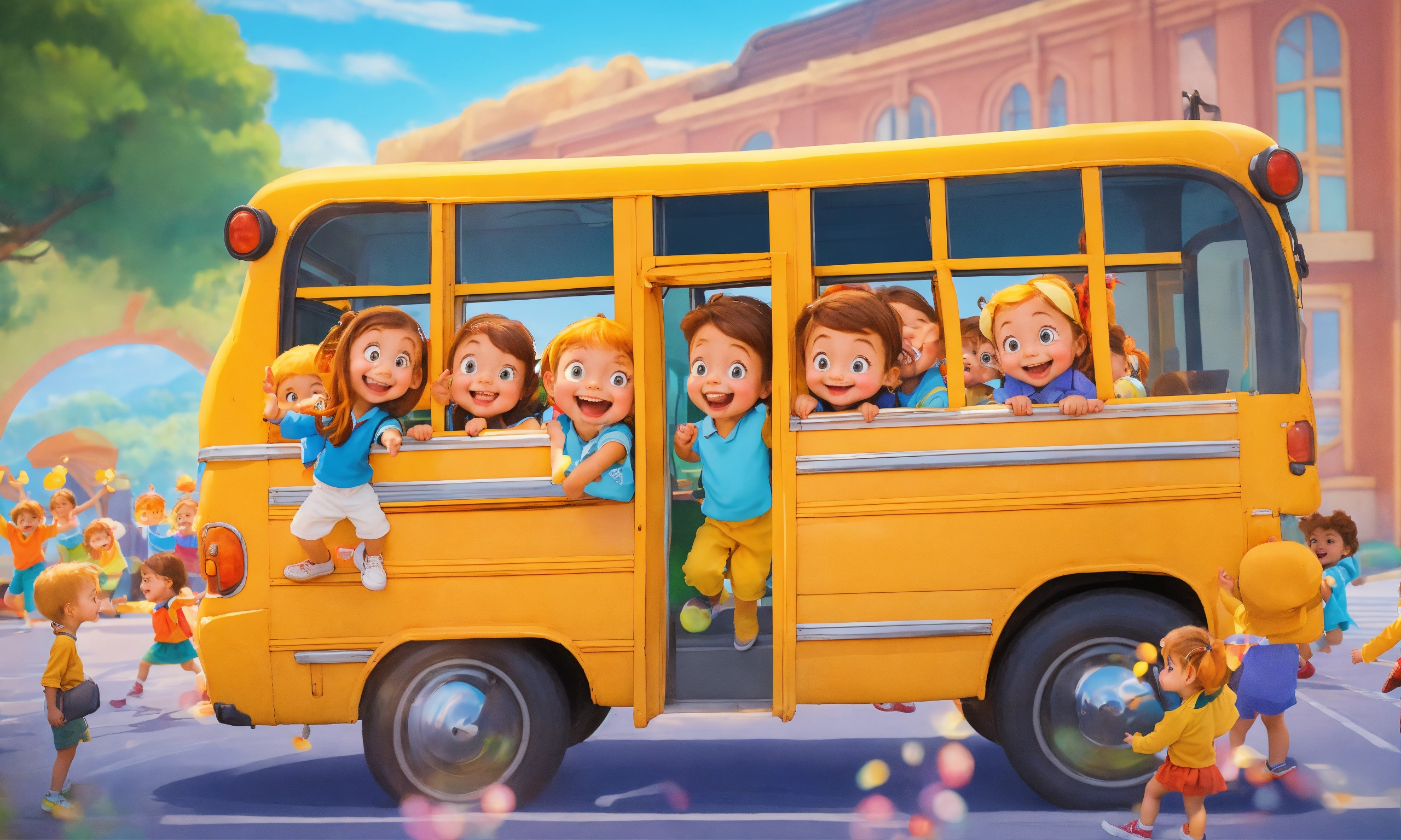 Lexica - "Create a vibrant and playful image of a school bus filled ...