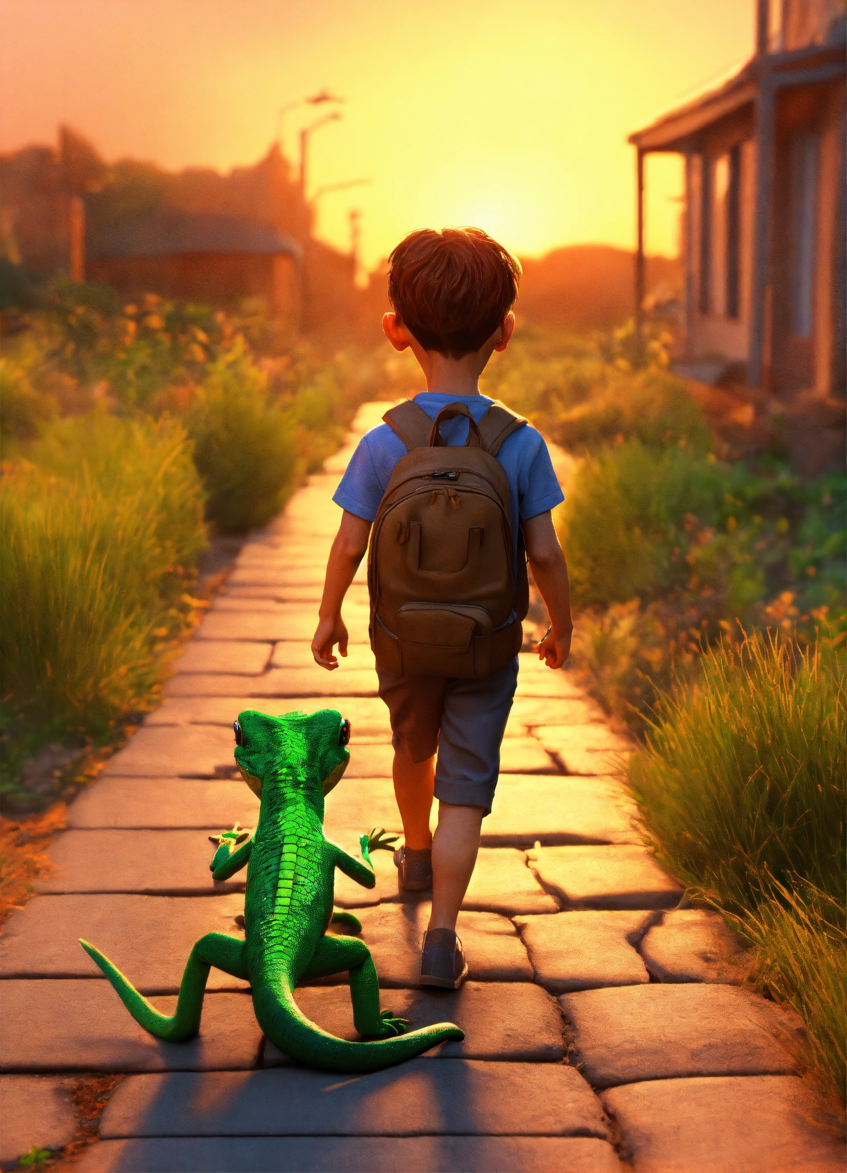 Lexica - Realist 3d animation, little boy, lizard with bright green ...