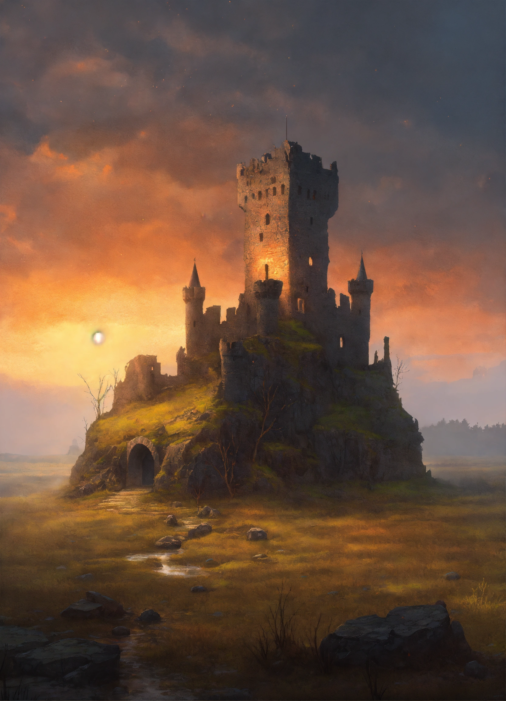 Lexica - Ruin of a stone castle in the middle of a foggy barren swamp ...
