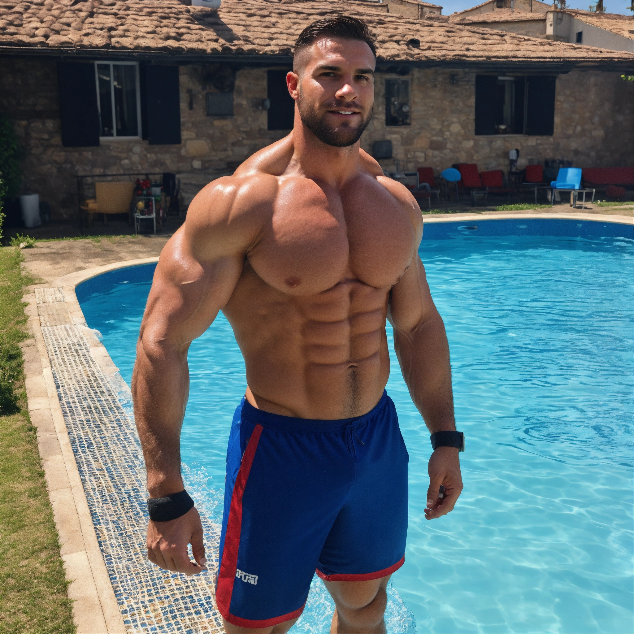 Lexica - 30-year-old man with big muscles, big bodybuilder, body like a wrestler, in a pool, italian