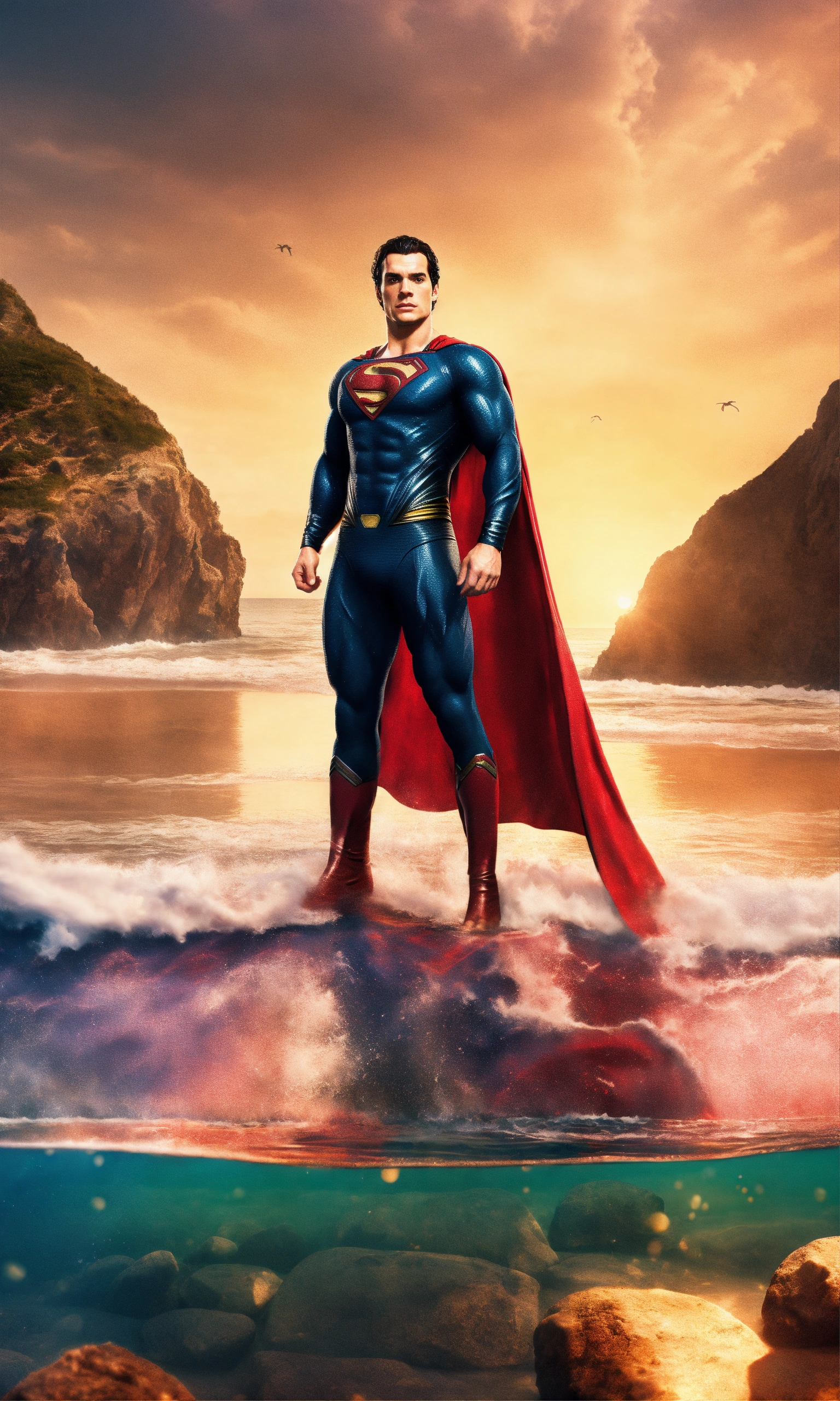 Lexica - Henry Cavill Superman swimming on the seaside full-body ...