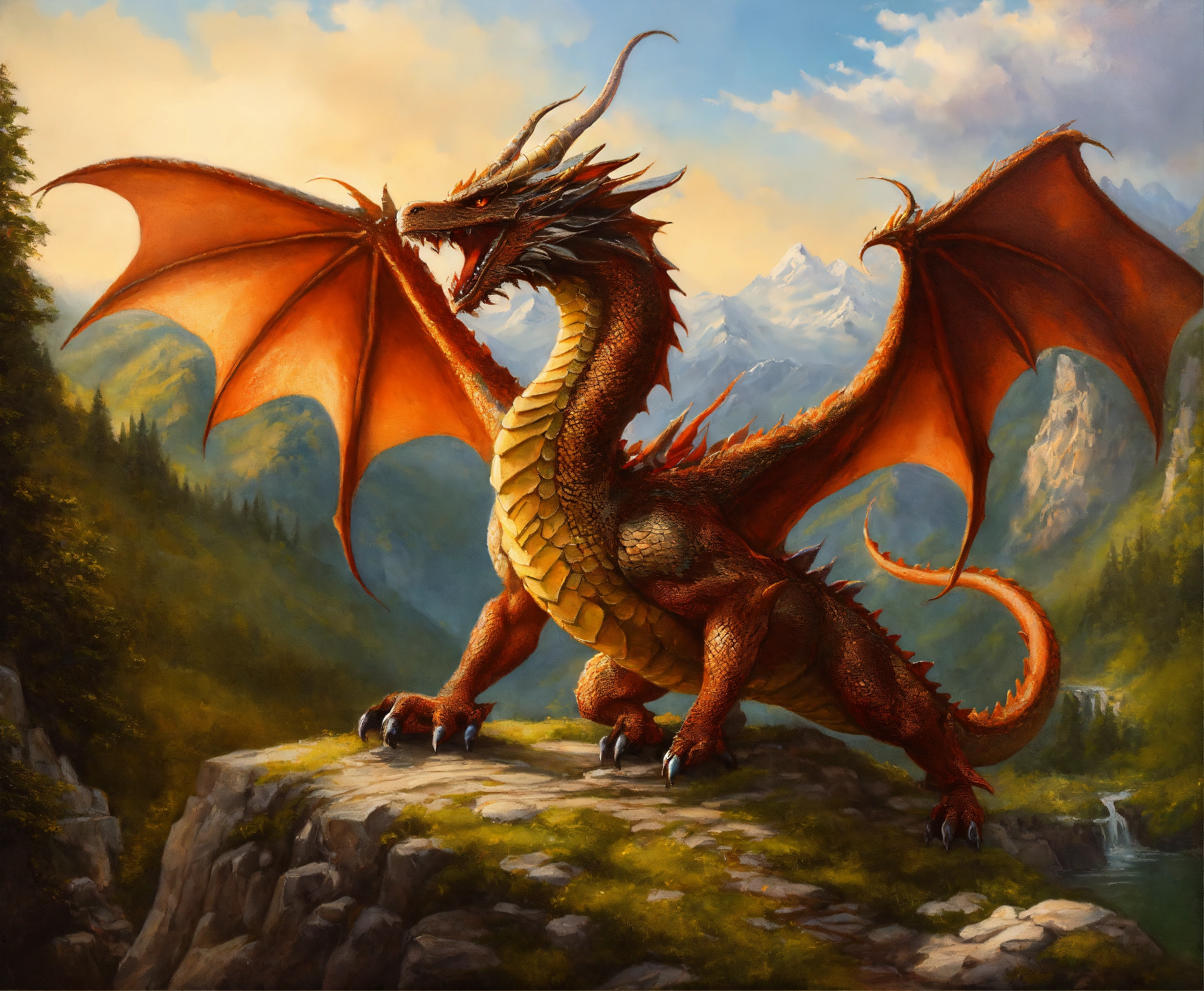 Lexica - Oil painting of a magnificent dragon in front of a mountainous ...