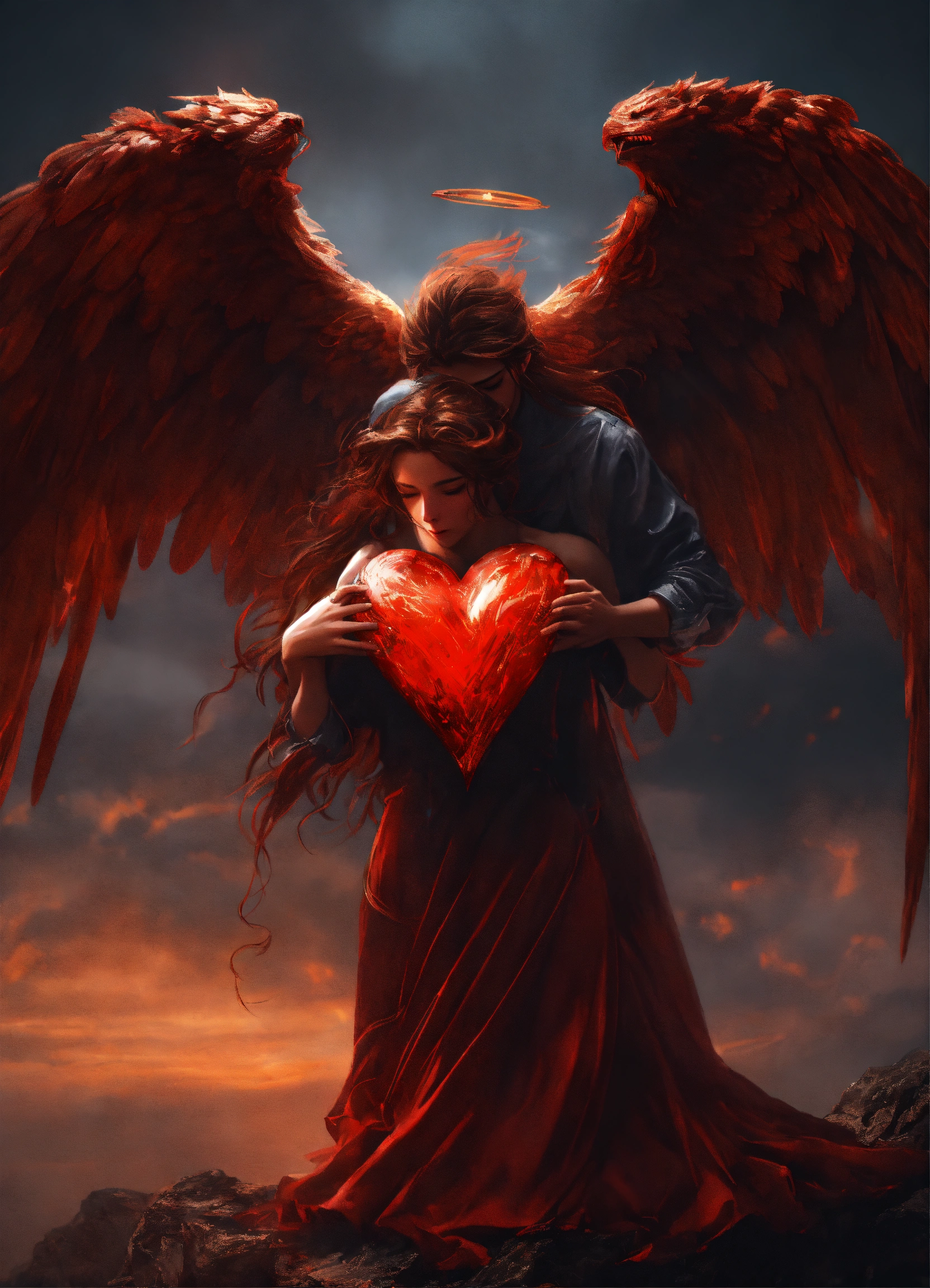 Lexica - An angel flying hugging a demon flying, forming a heart shape ...